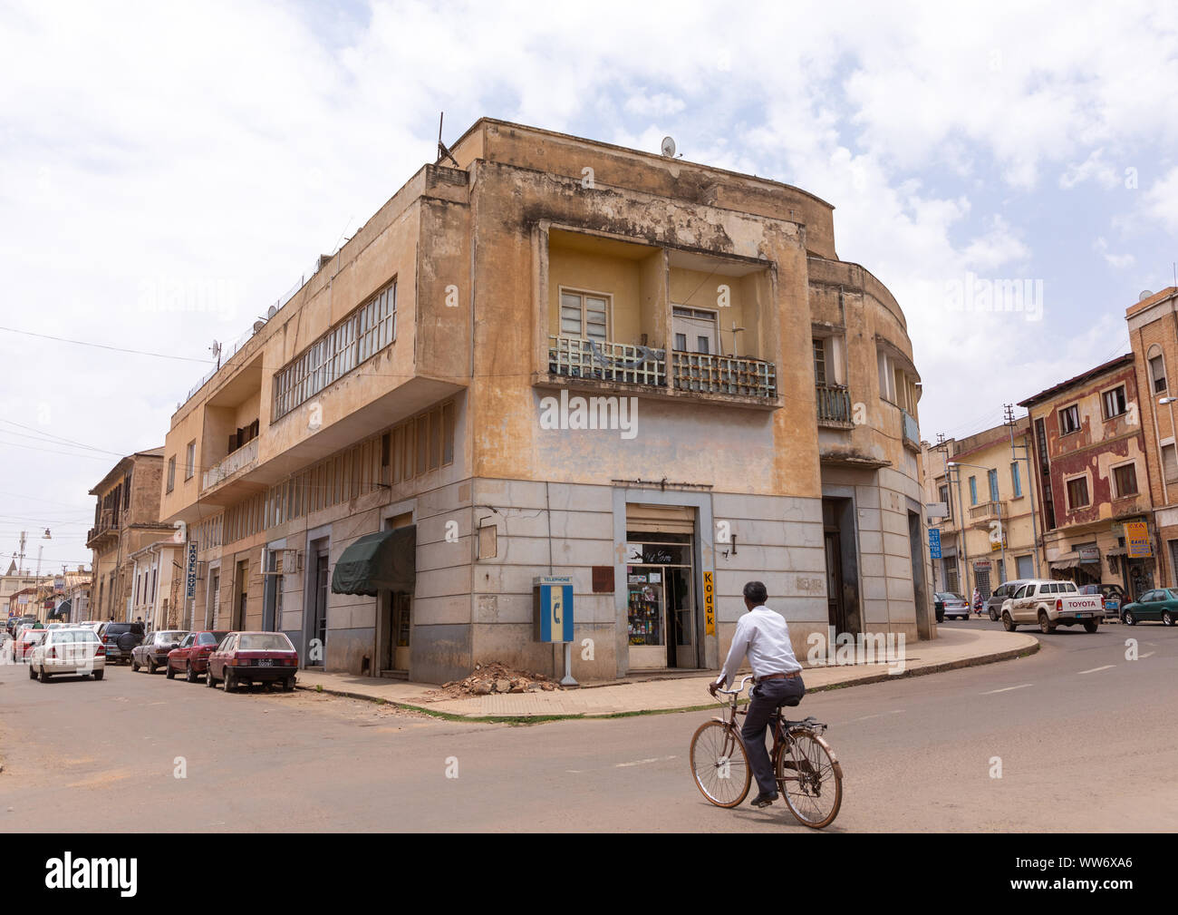 Exterior of old art deco style building from the italian colonial times ...