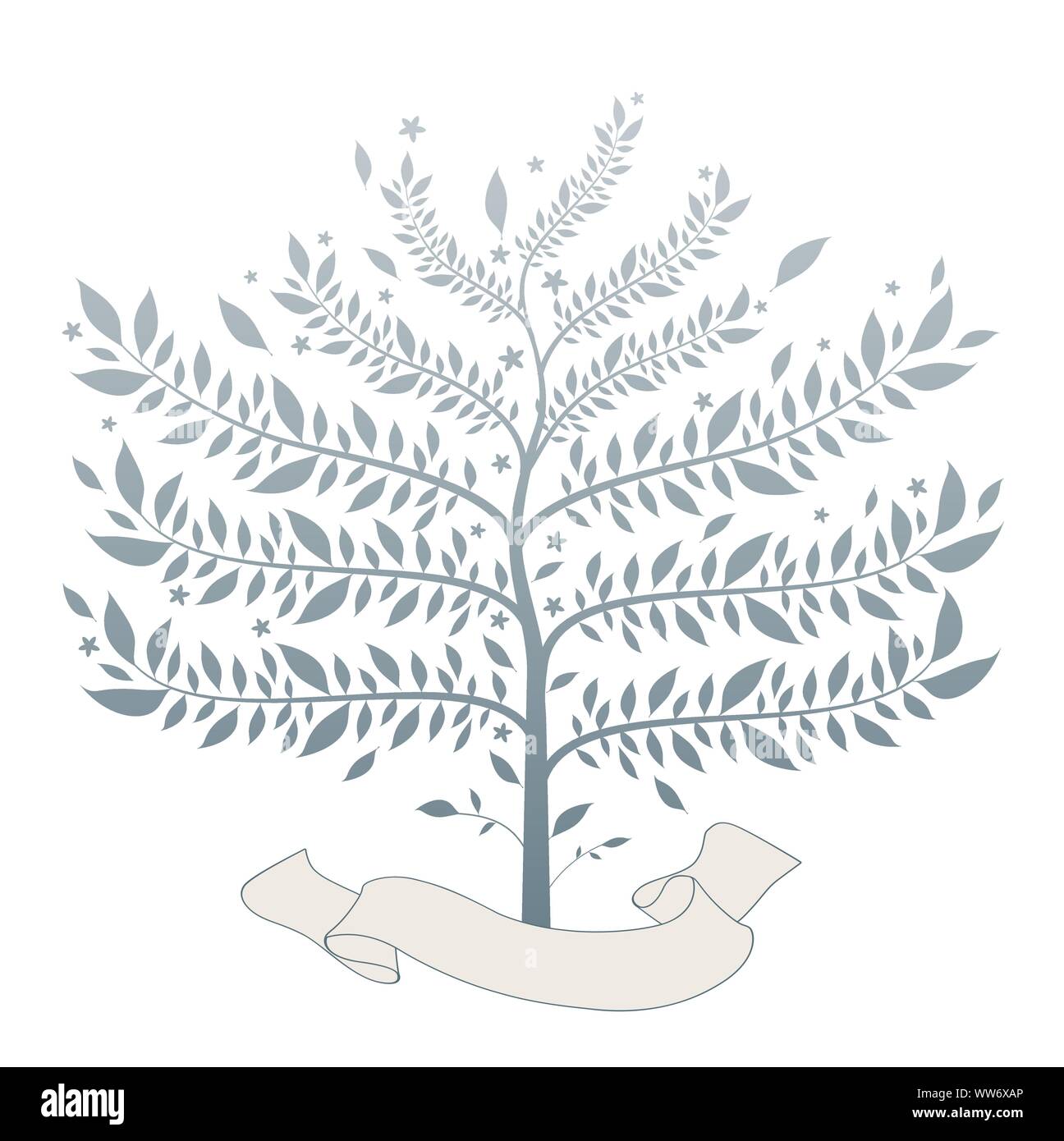 Stylized tree with text banner at the base of the trunk, isolated on ...