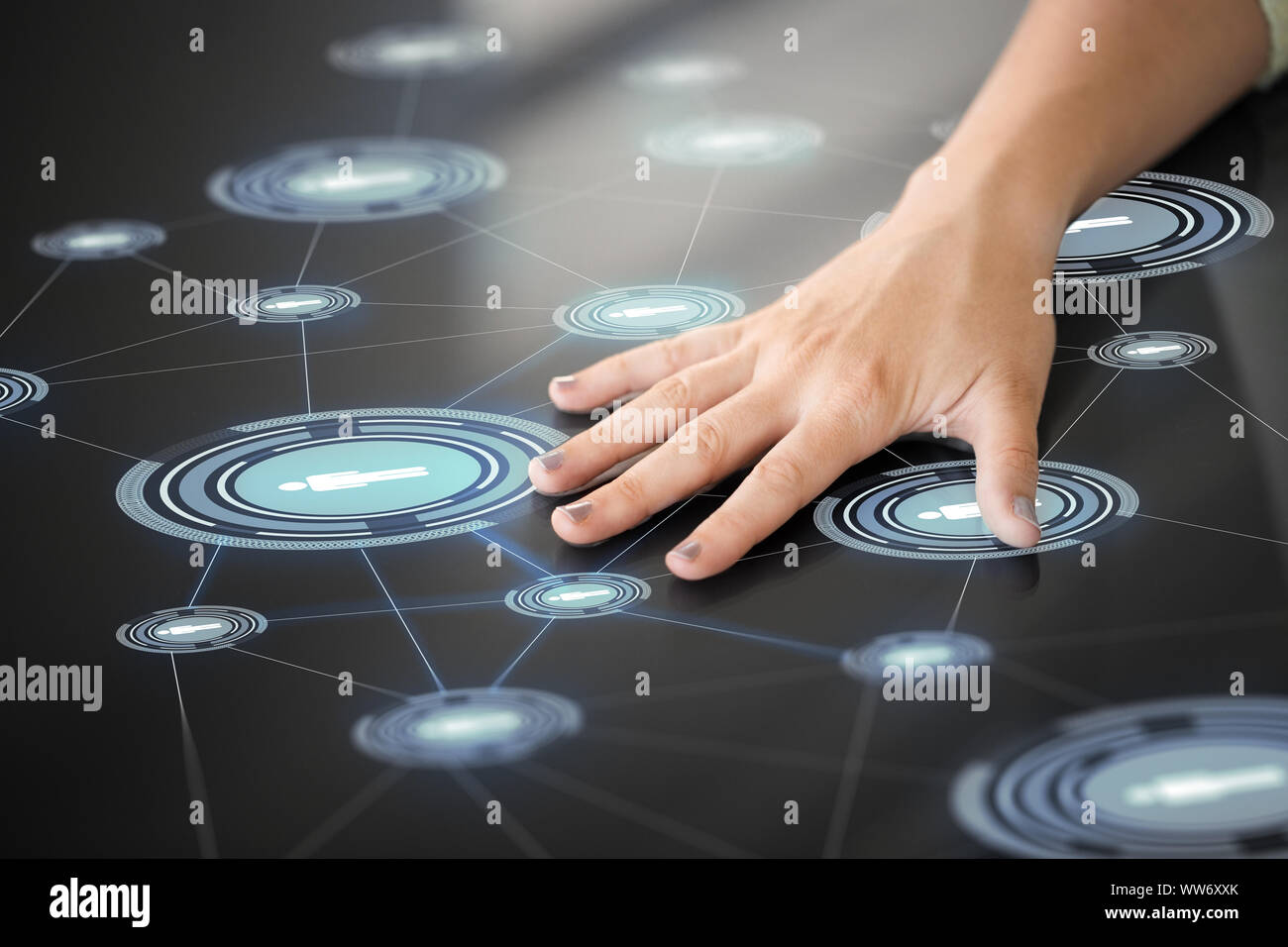 hand using interactive panel with network icons Stock Photo - Alamy