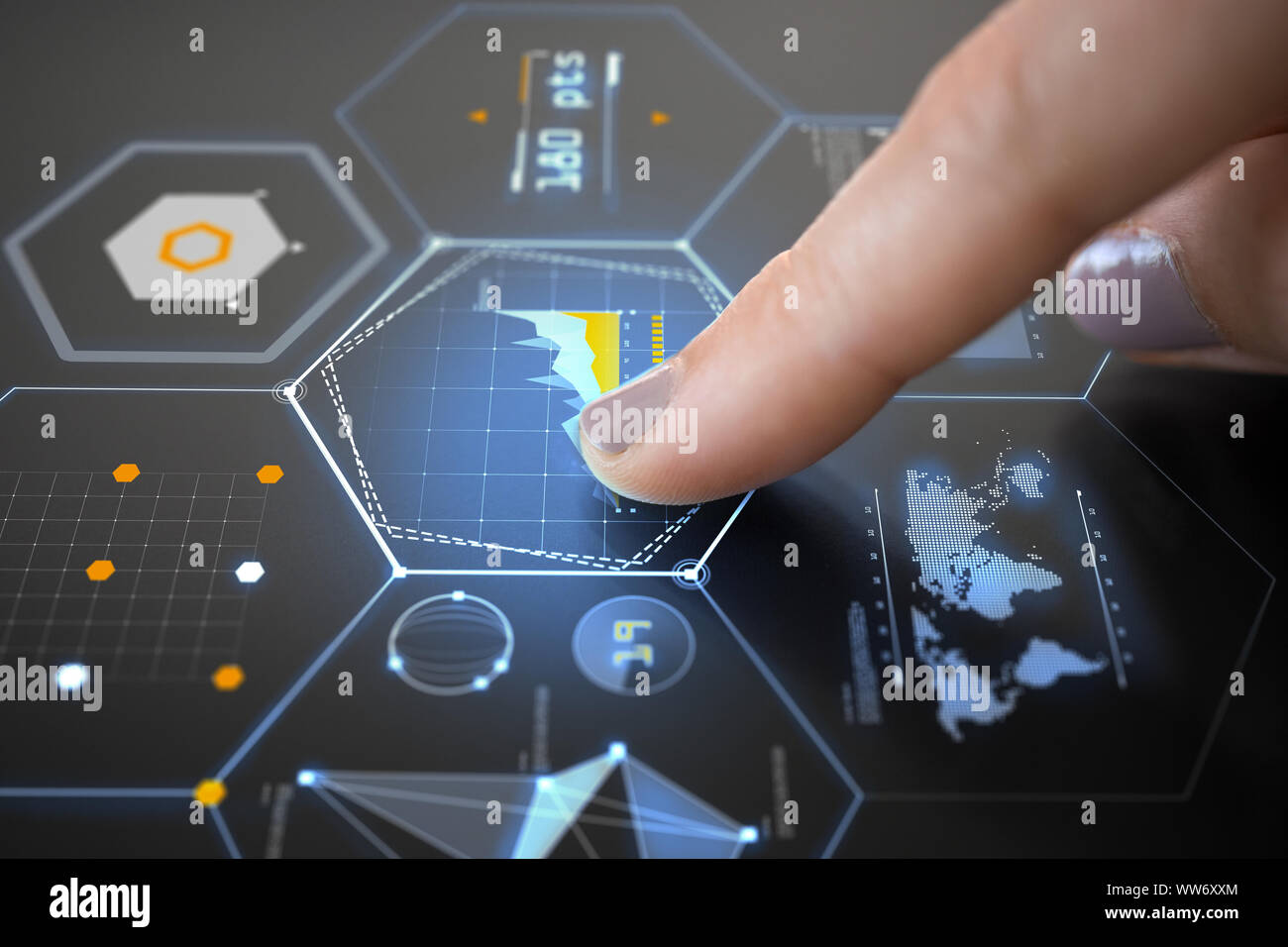 finger on touch screen with virtual charts Stock Photo - Alamy
