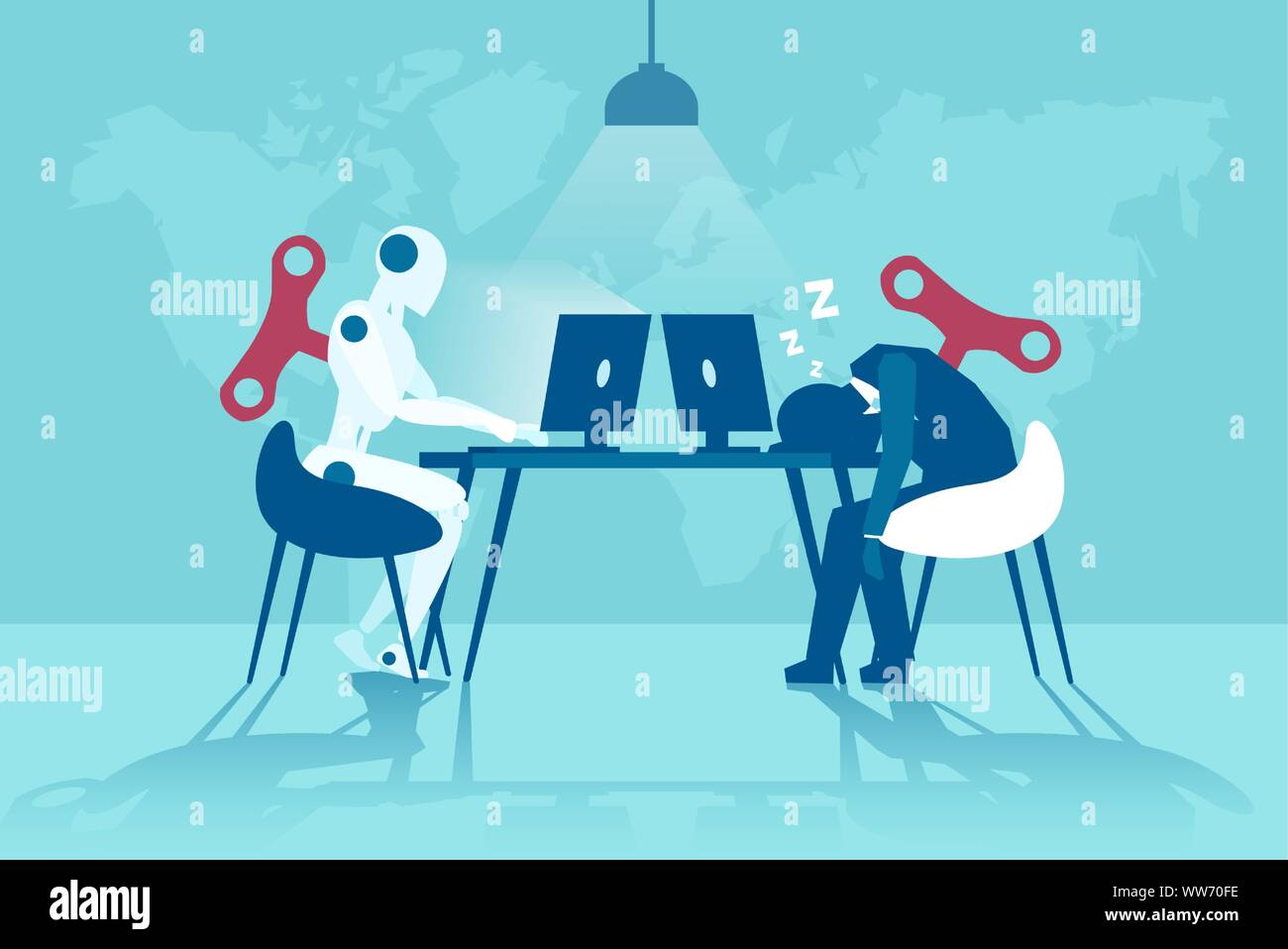 Vector of a working robot vs sleepy businessman working on computer ...