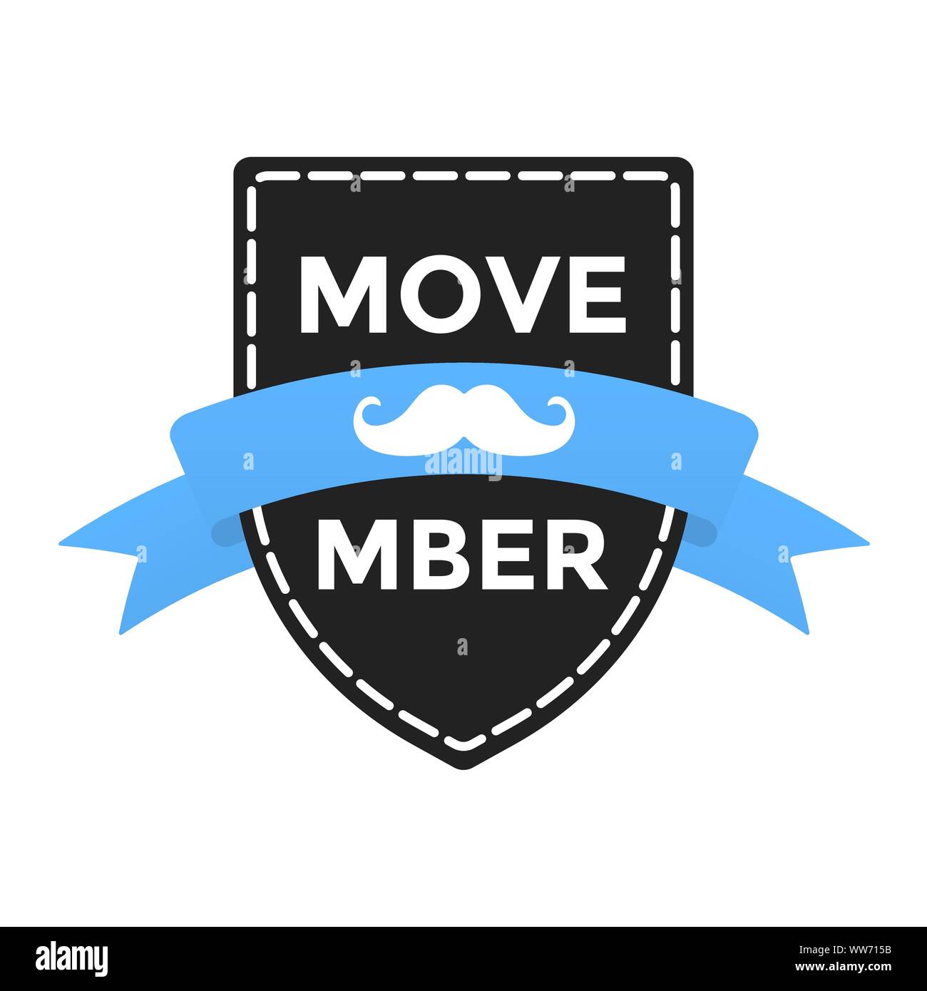 Movember badge label with blue ribbon, mustaches and badge pin flat ...