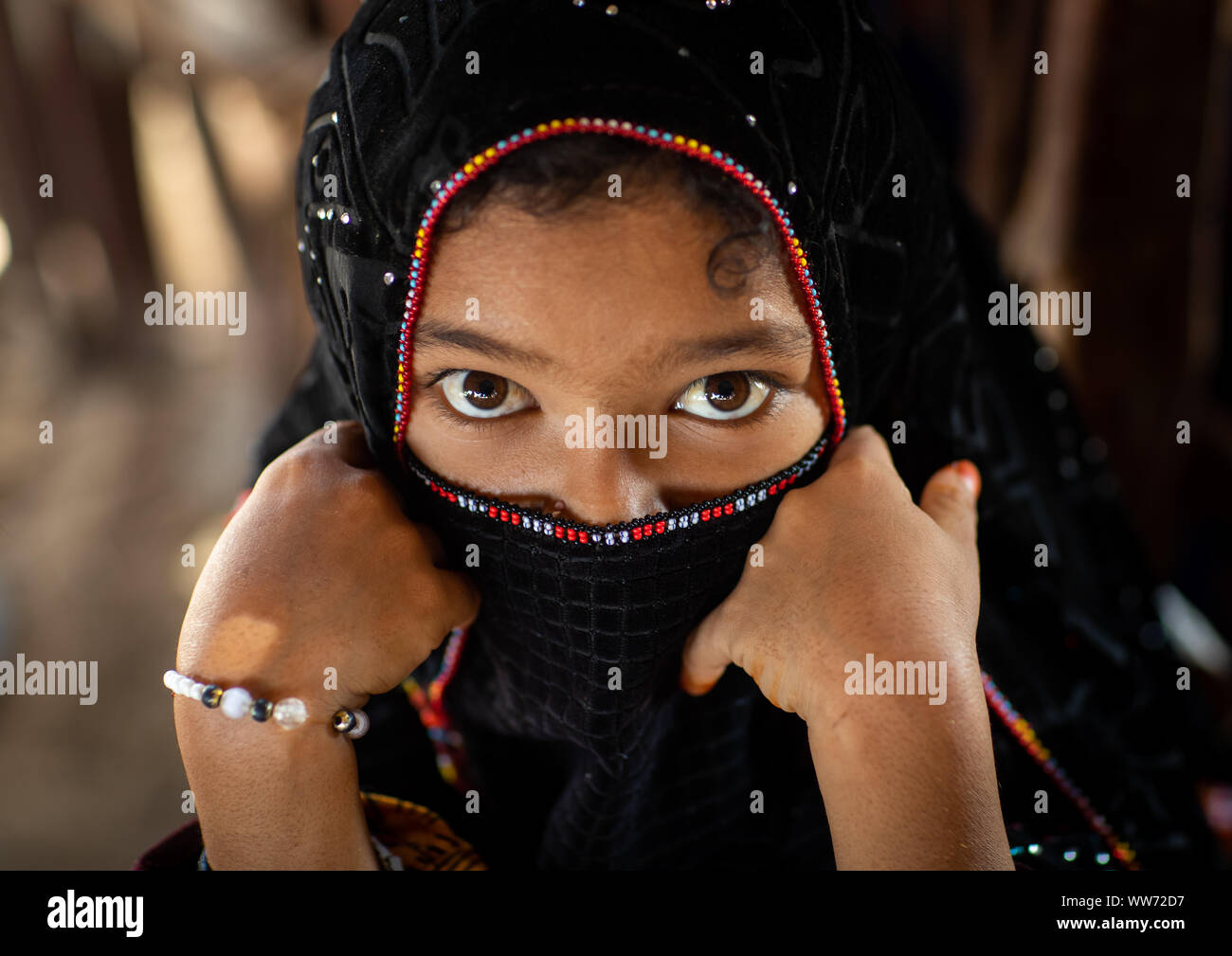 Portrait of a veiled Rashaida tribe girl, Northern Red Sea, Massawa ...