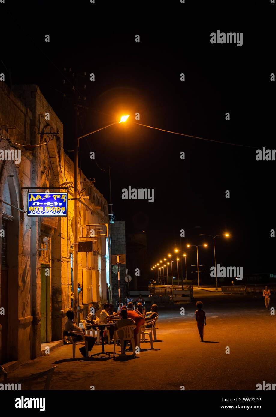 Restaurant at night in the old town, Northern Red Sea, Massawa, Eritrea ...