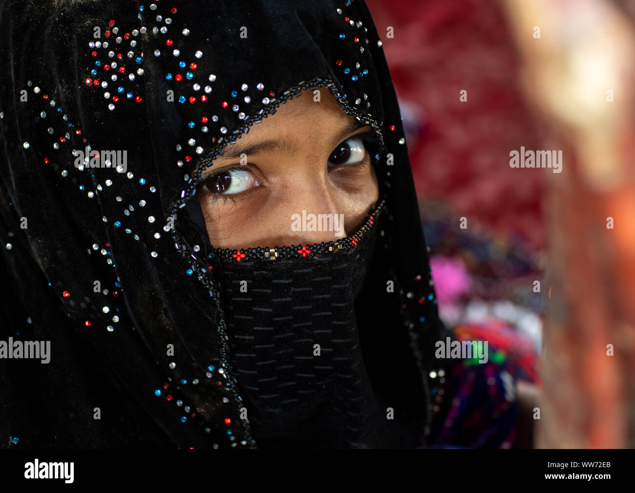 Portrait of a veiled Rashaida tribe girl, Northern Red Sea, Massawa ...