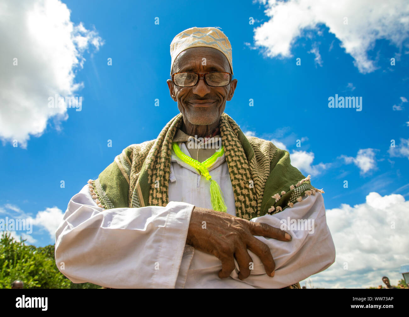 Portrait of an oromo pilgrim man in the shrine of sufi Sheikh Hussein ...