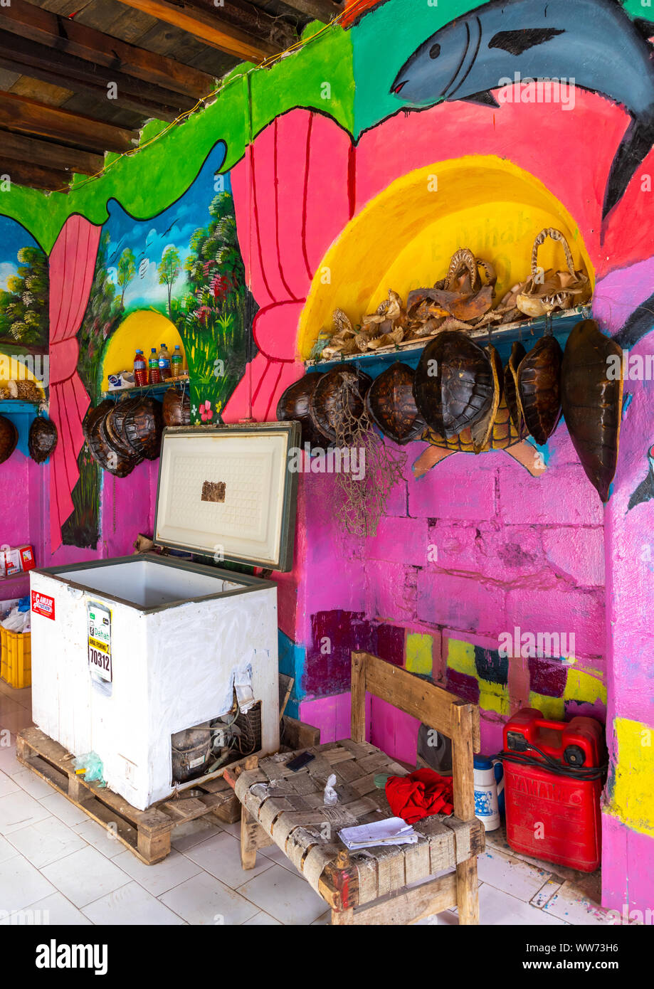 Colorful decoration inside a fisherman shop, Sahil region, Berbera ...