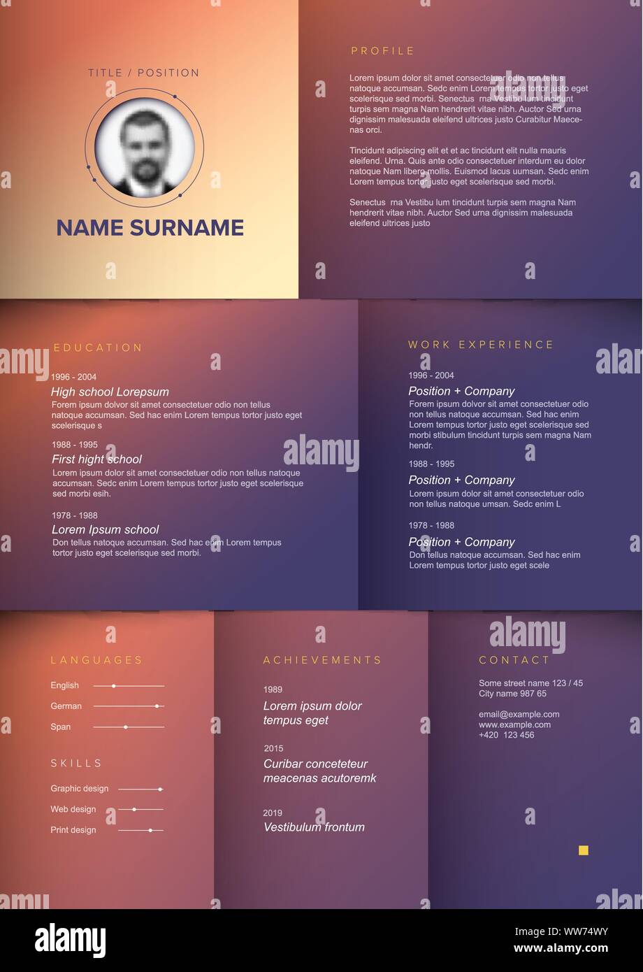 Vector dark minimalist cv / resume template with dark purple orange ...