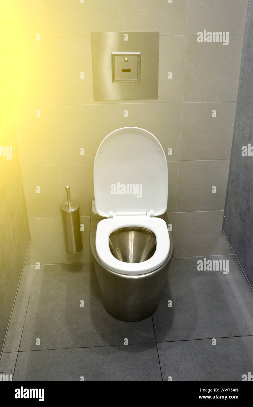 Modern stainless steel toilet in the toilet room. Public toilet Stock ...