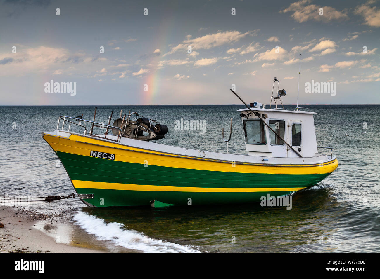 Europe, Poland, Pomerania, Mechelinki beach, fishing boat Stock Photo ...
