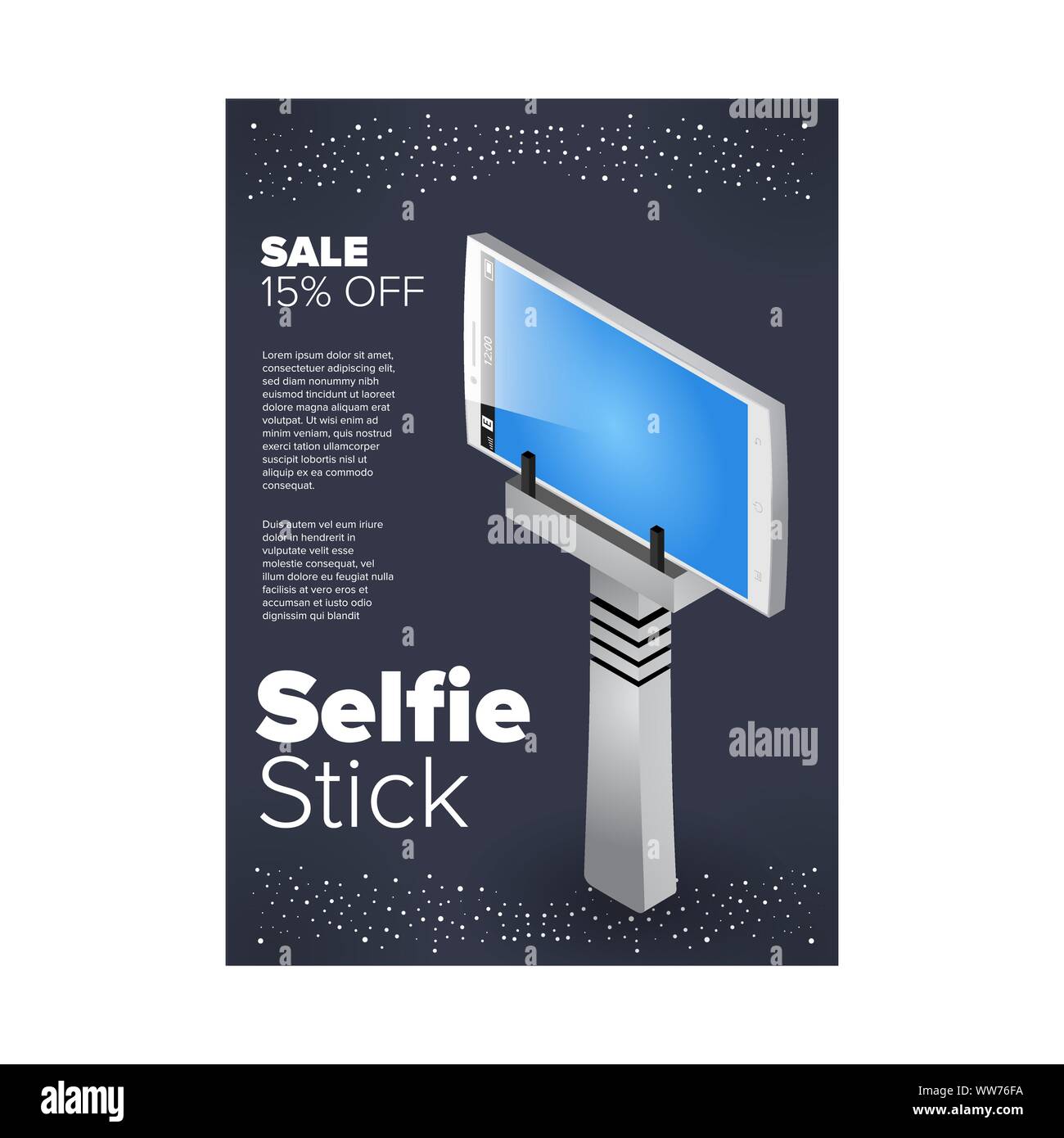 Plastic isometric gadget monopod on the dark background. Ad banner ...