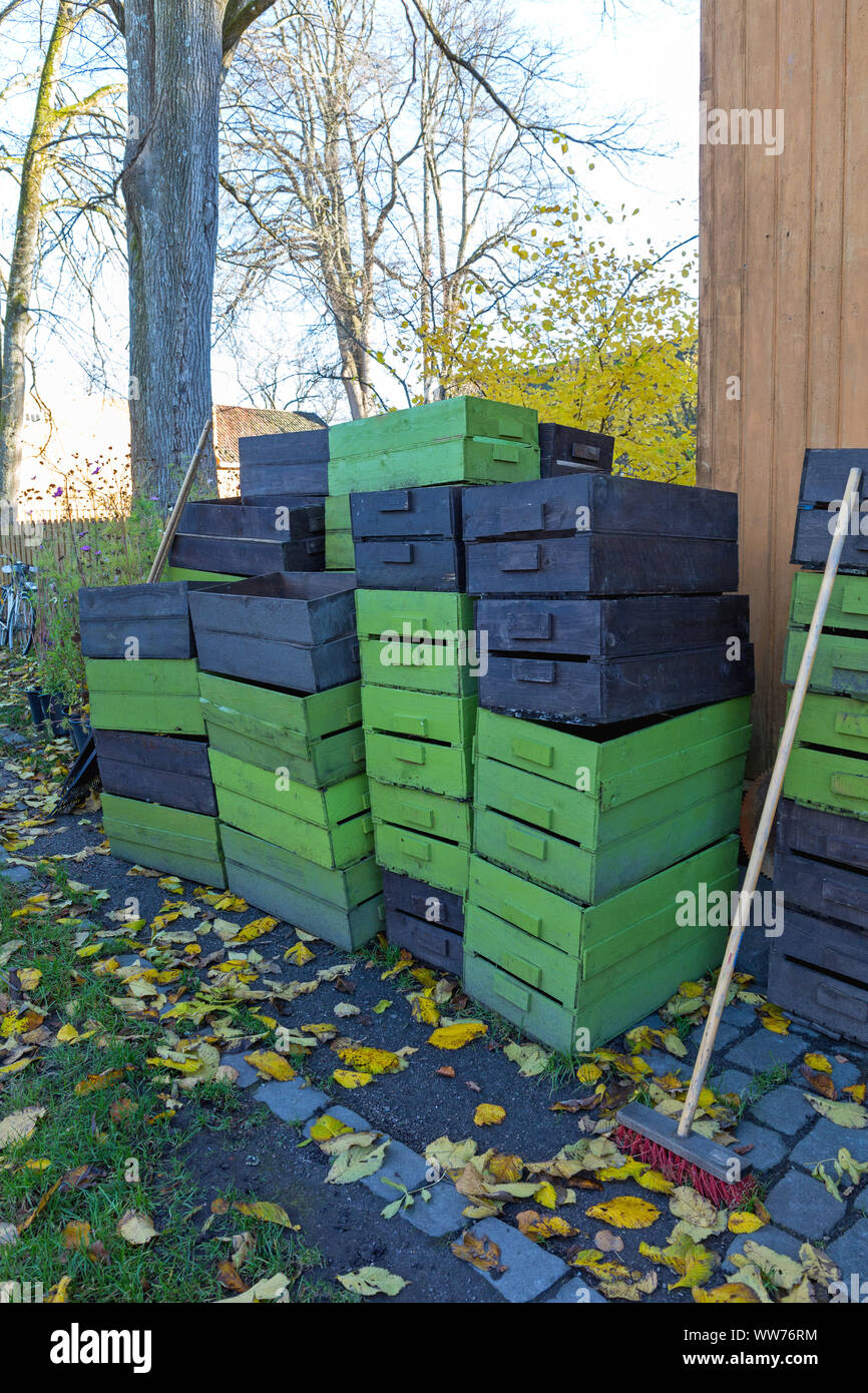 Stacked Wooden Boxes and Crates Outdoor Stock Photo - Alamy
