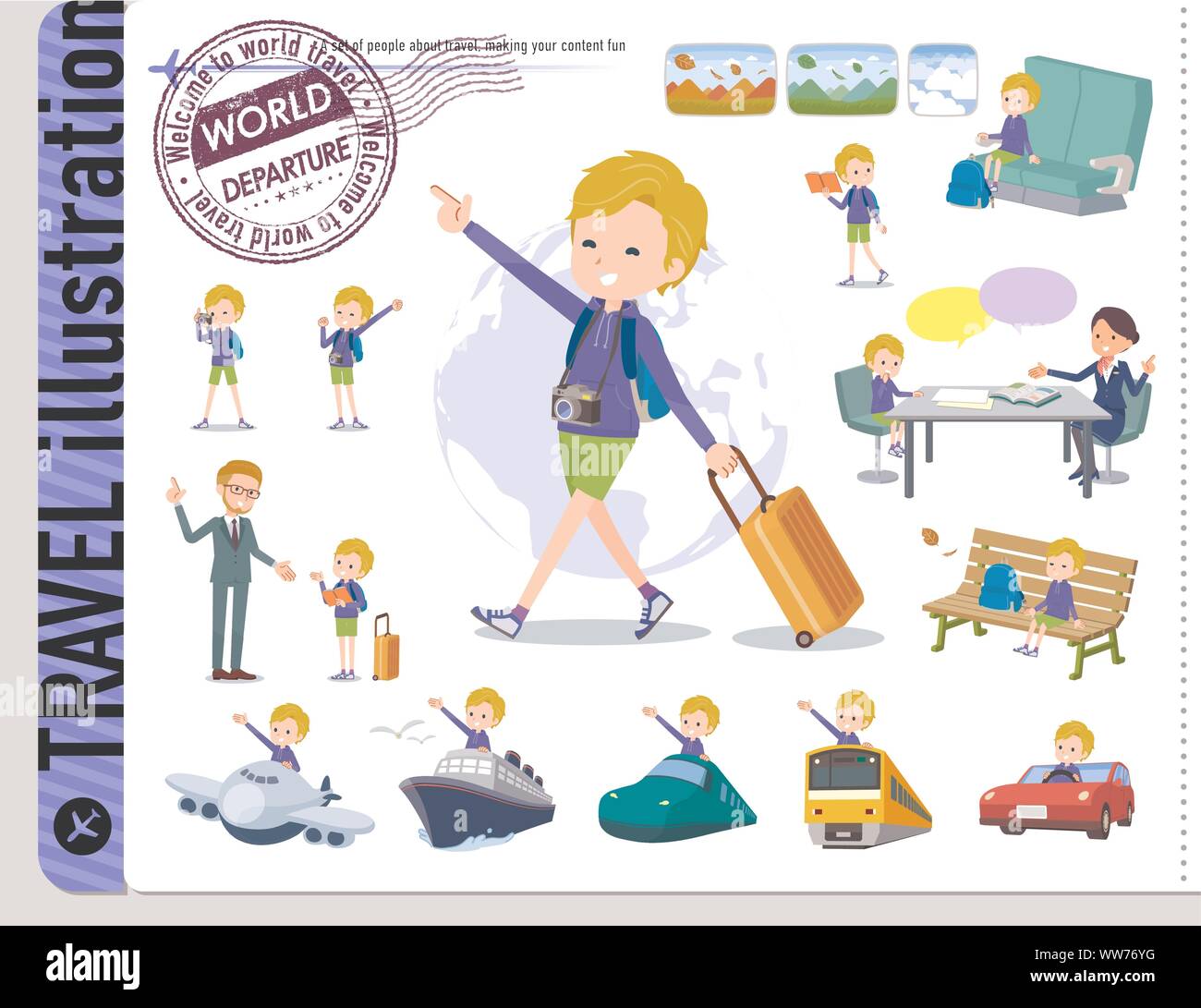 A set of boy on travel.There are also vehicles such as boats and ...