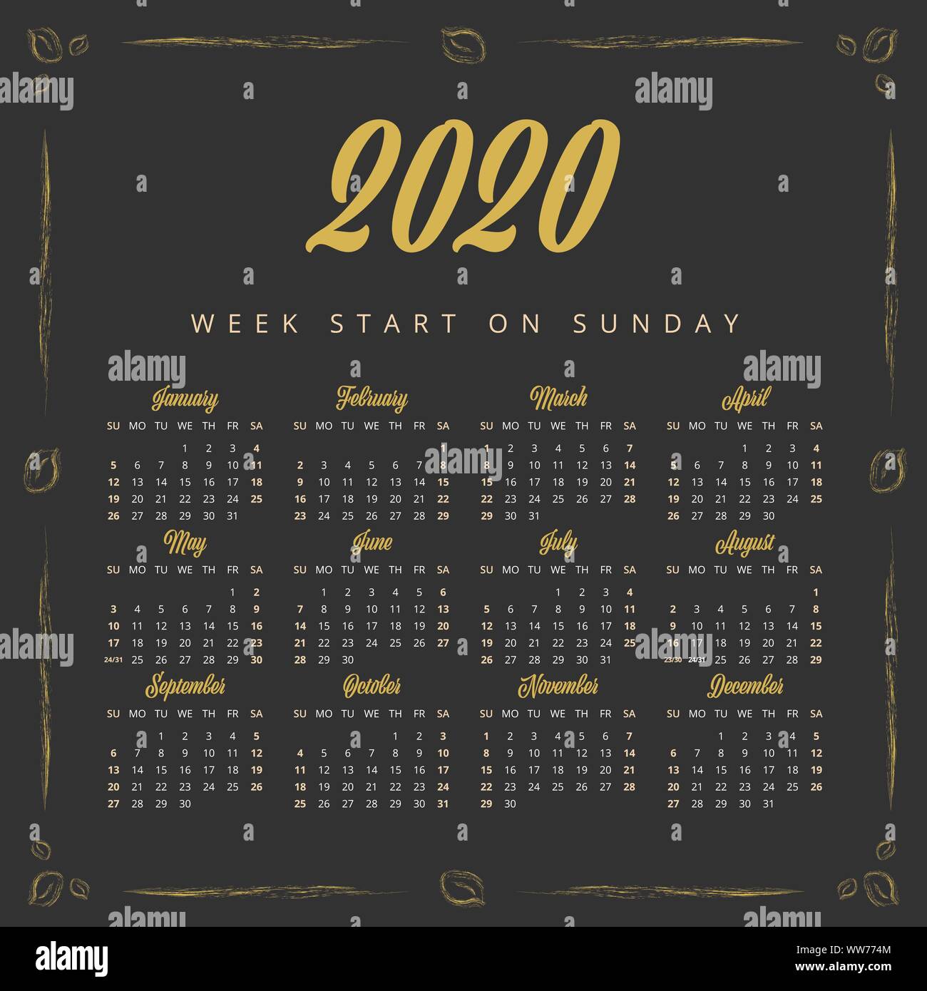 Vintage 2020 year calendar on the black background Stock Vector Image ...