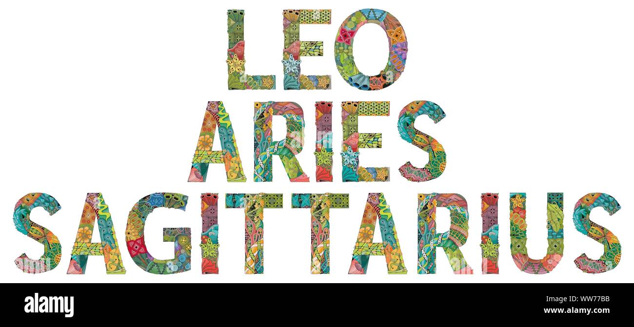 Hand-painted art design. Hand drawn illustration words Aries, Leo and ...