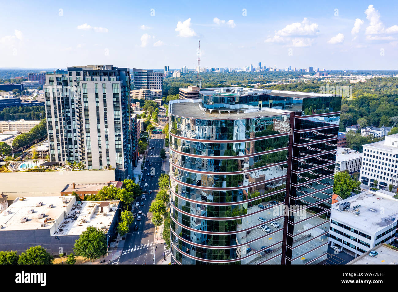 Aerial view downtown Atlanta skyline and downtown Buckhead on the ...