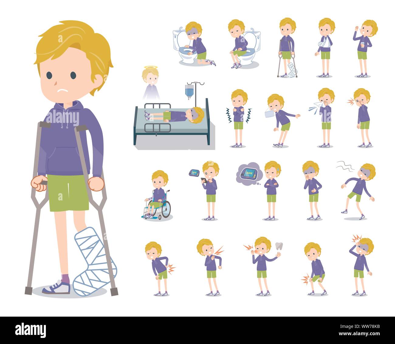 A set of boy with injury and illness.There are actions that express ...