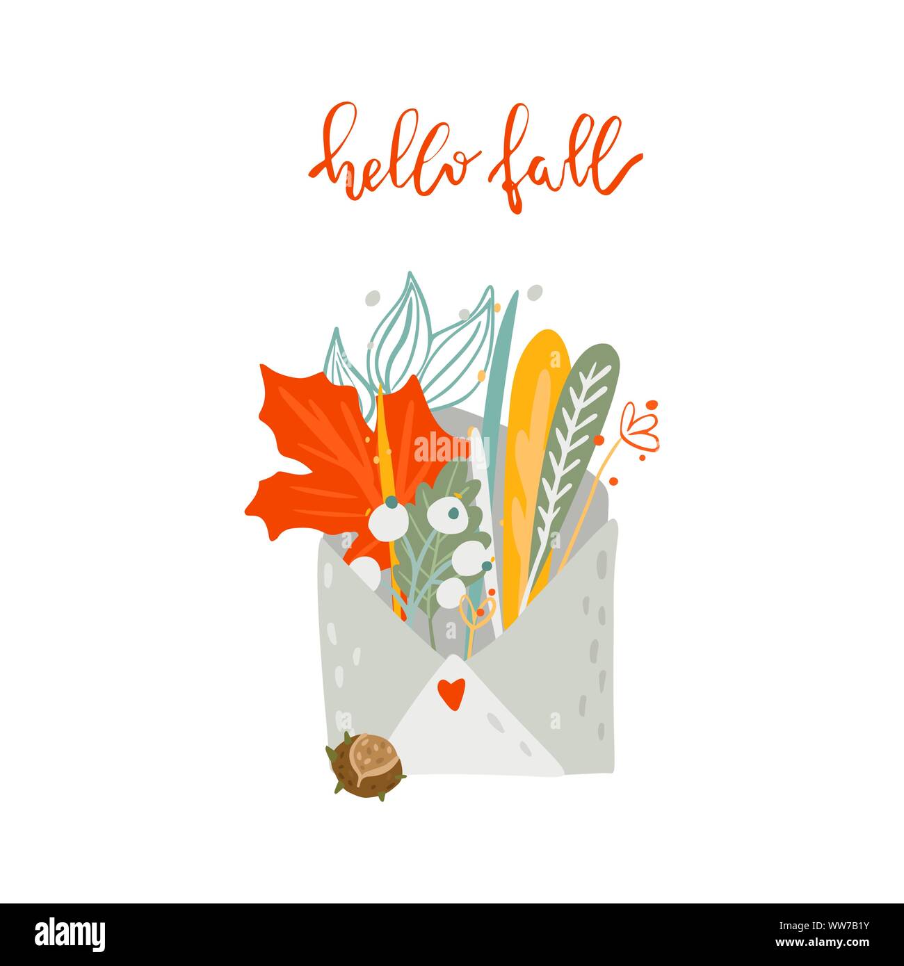 Hello fall autumn lettering. Composition envelop with leaves and ...