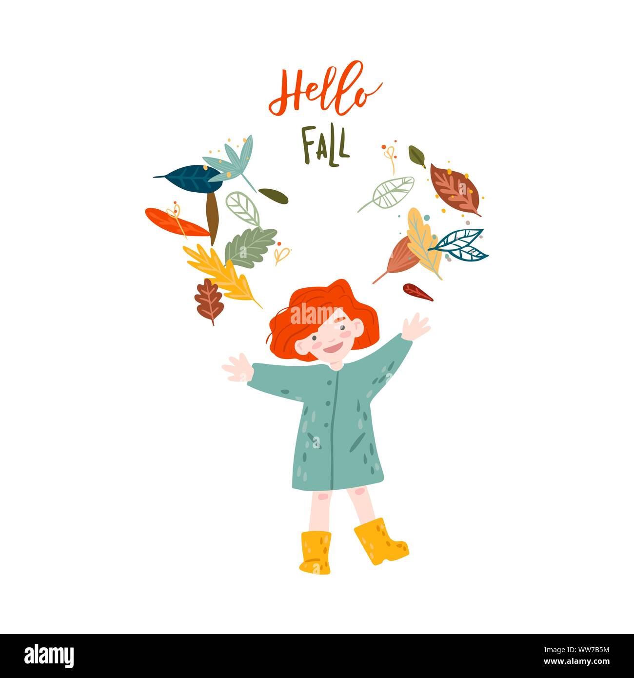 Cute girl playing with autumn leaves. Hello fall lettering. Vector ...
