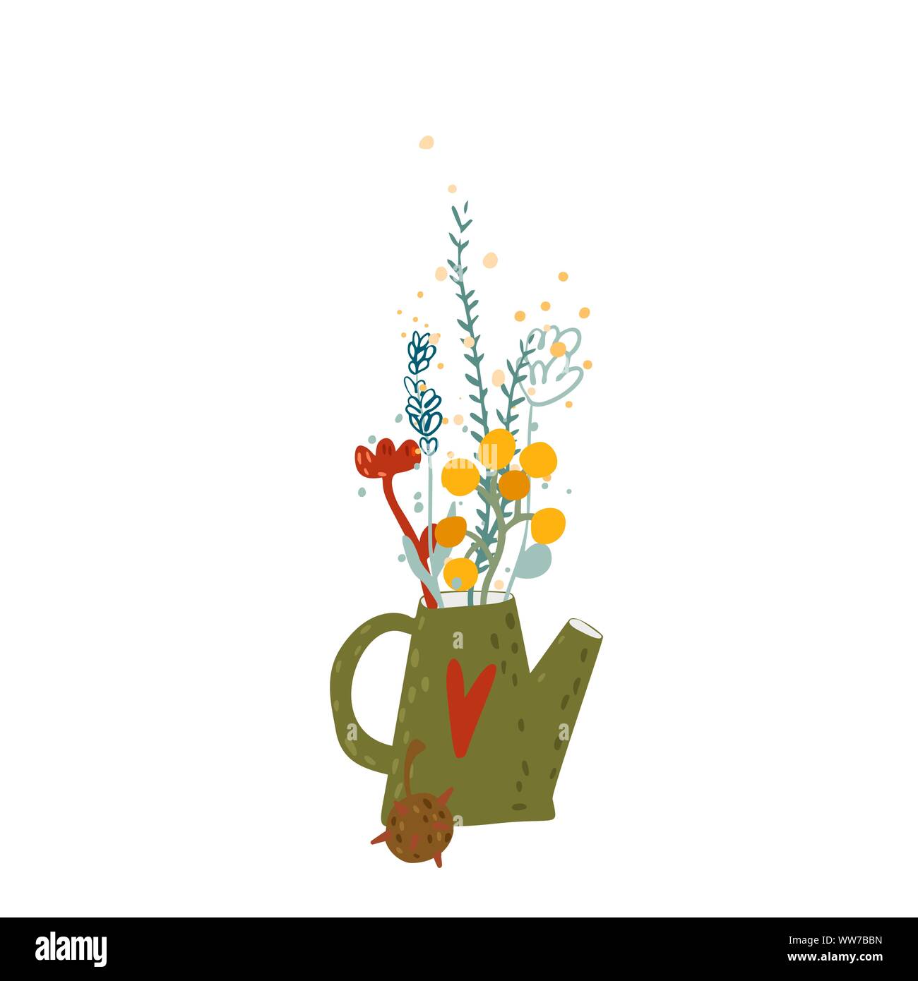 Teapot with autumn bouquet. Vector illustration in flat cartoon style ...