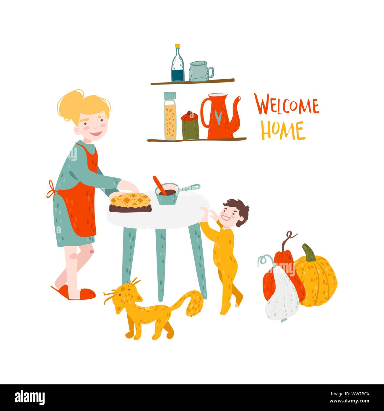 Vector illustration in flat cartoon style. Mother baking a pie with her ...