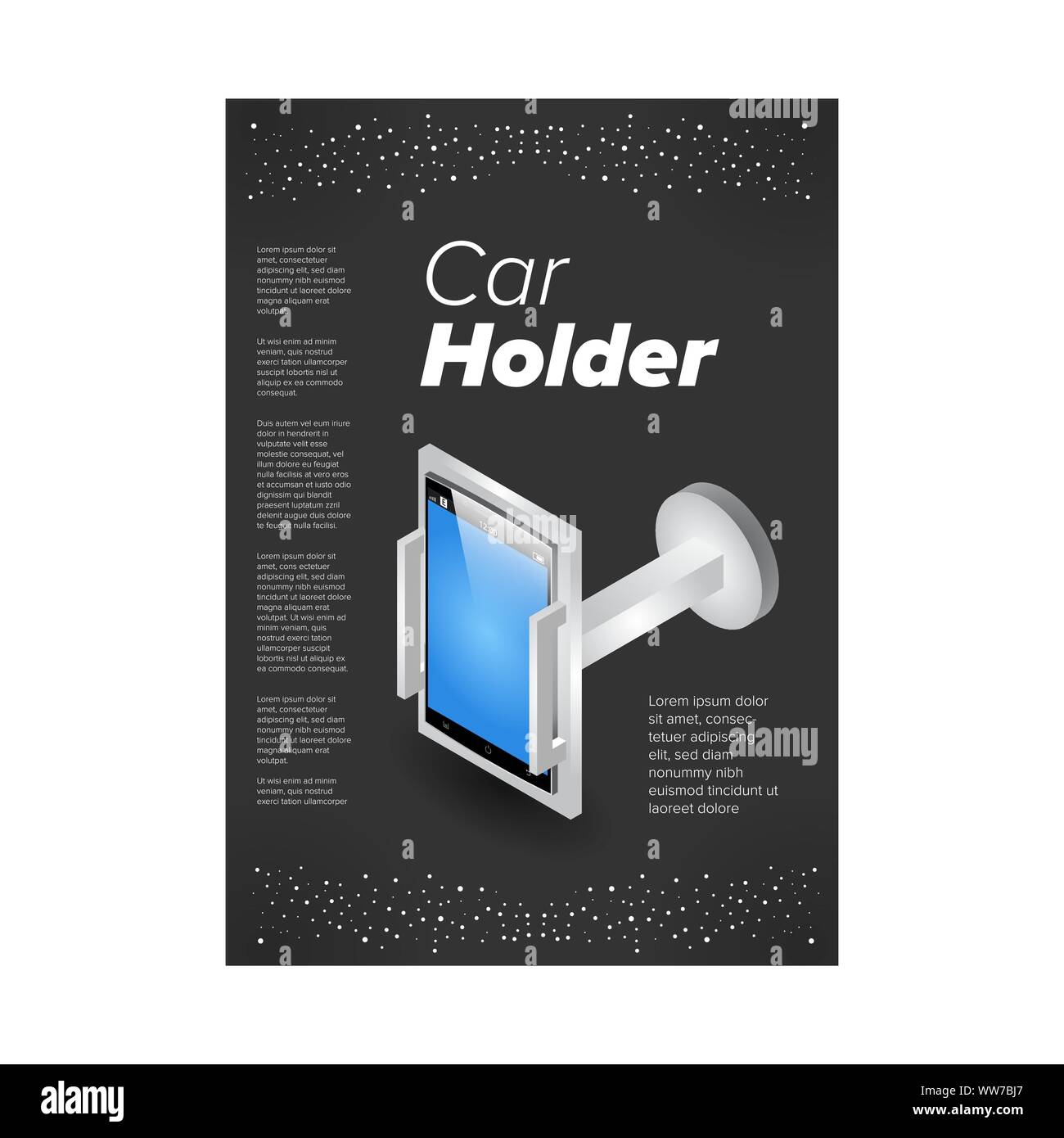 Plastic isometric gadget car holder on the black background. Ad banner ...