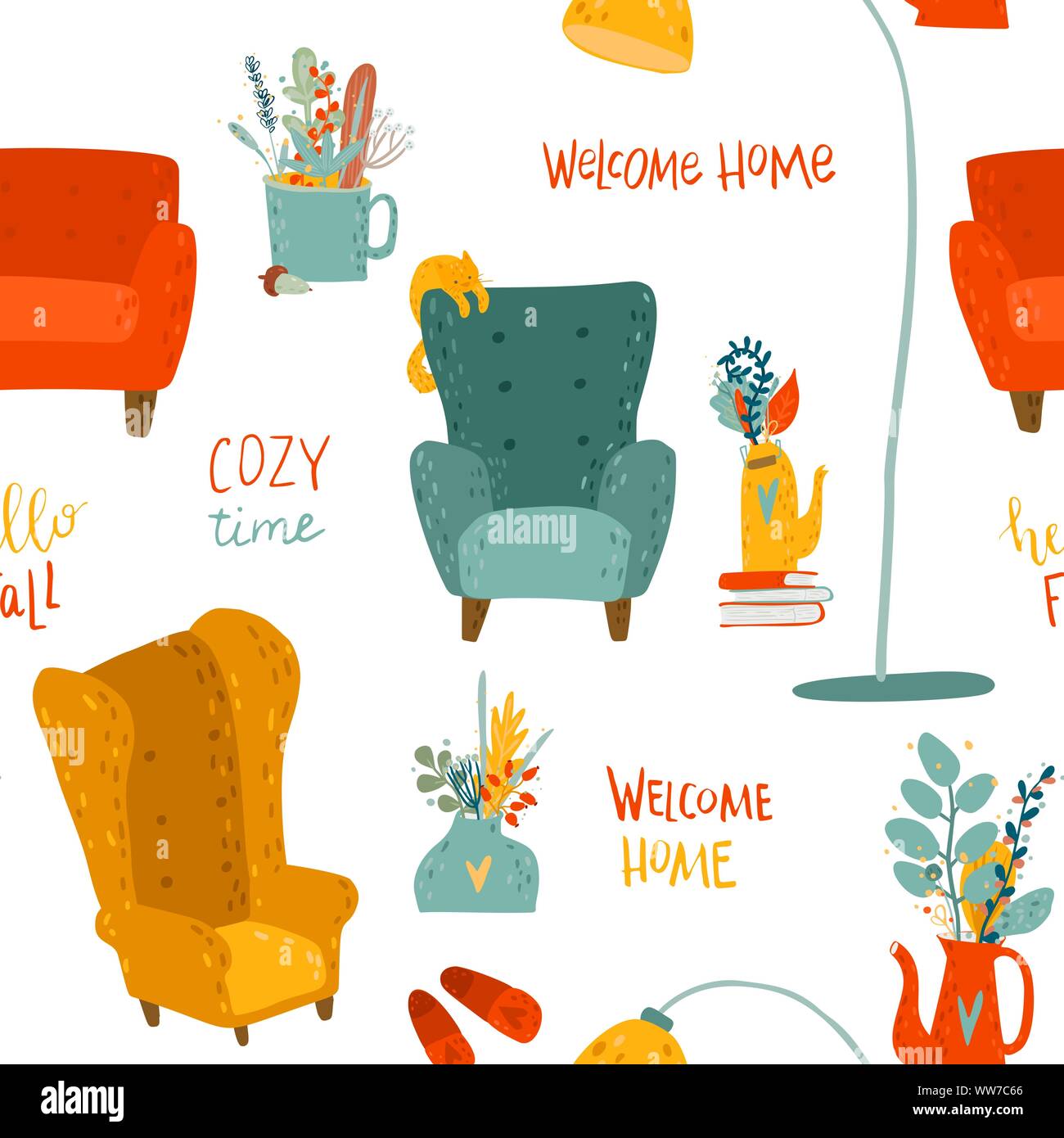 Vector seamless pattern. Welcome home, cozy time lettering. autumn flat ...