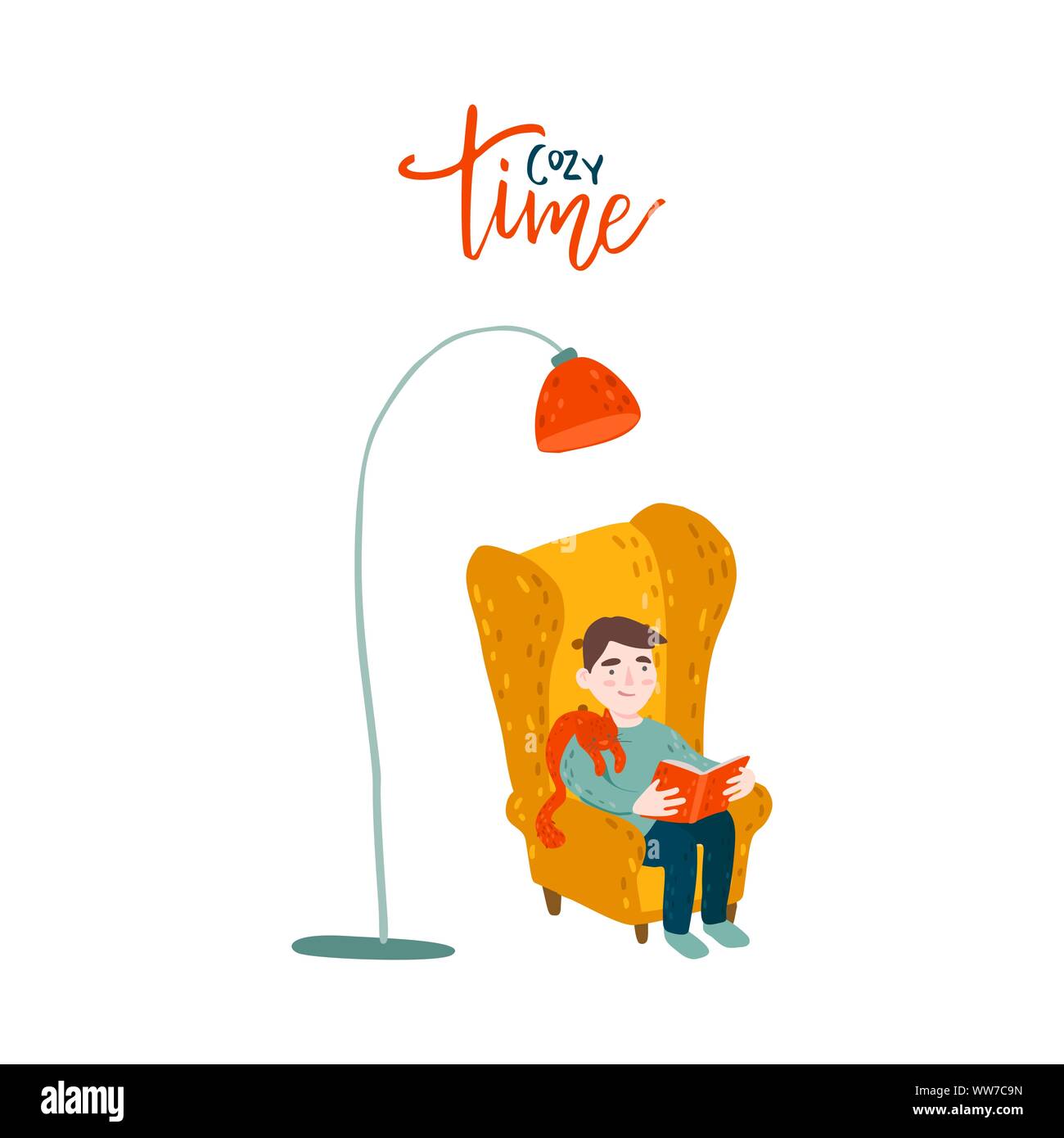 Man with a ginger cat in a chair. Cozy time lettering. Vector ...