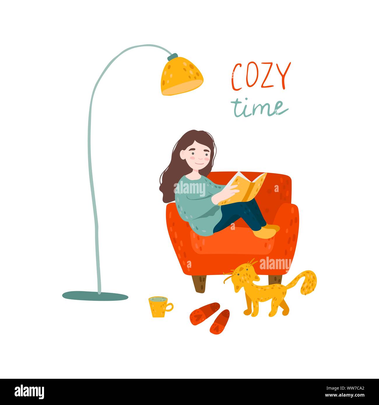 Young woman with a ginger cat in a chair. Cozy time lettering. Vector ...