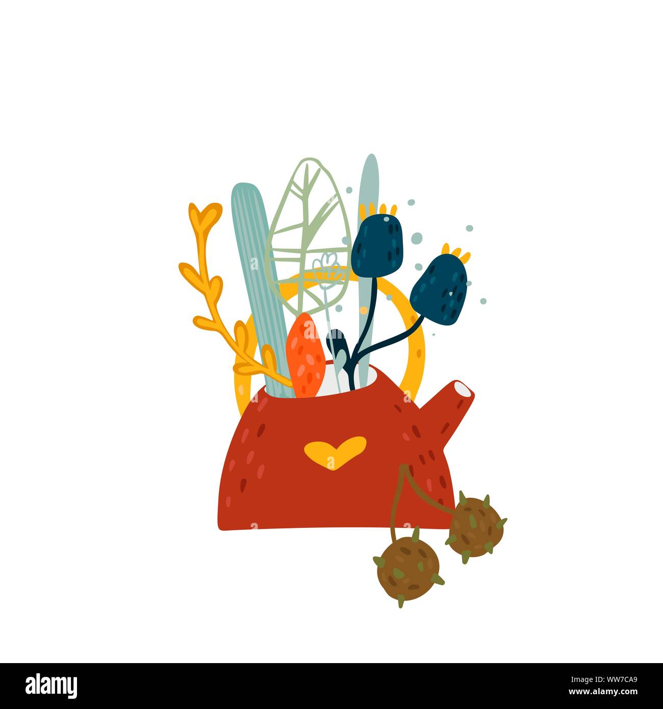 Teapot with autumn bouquet. Vector illustration in flat cartoon style ...