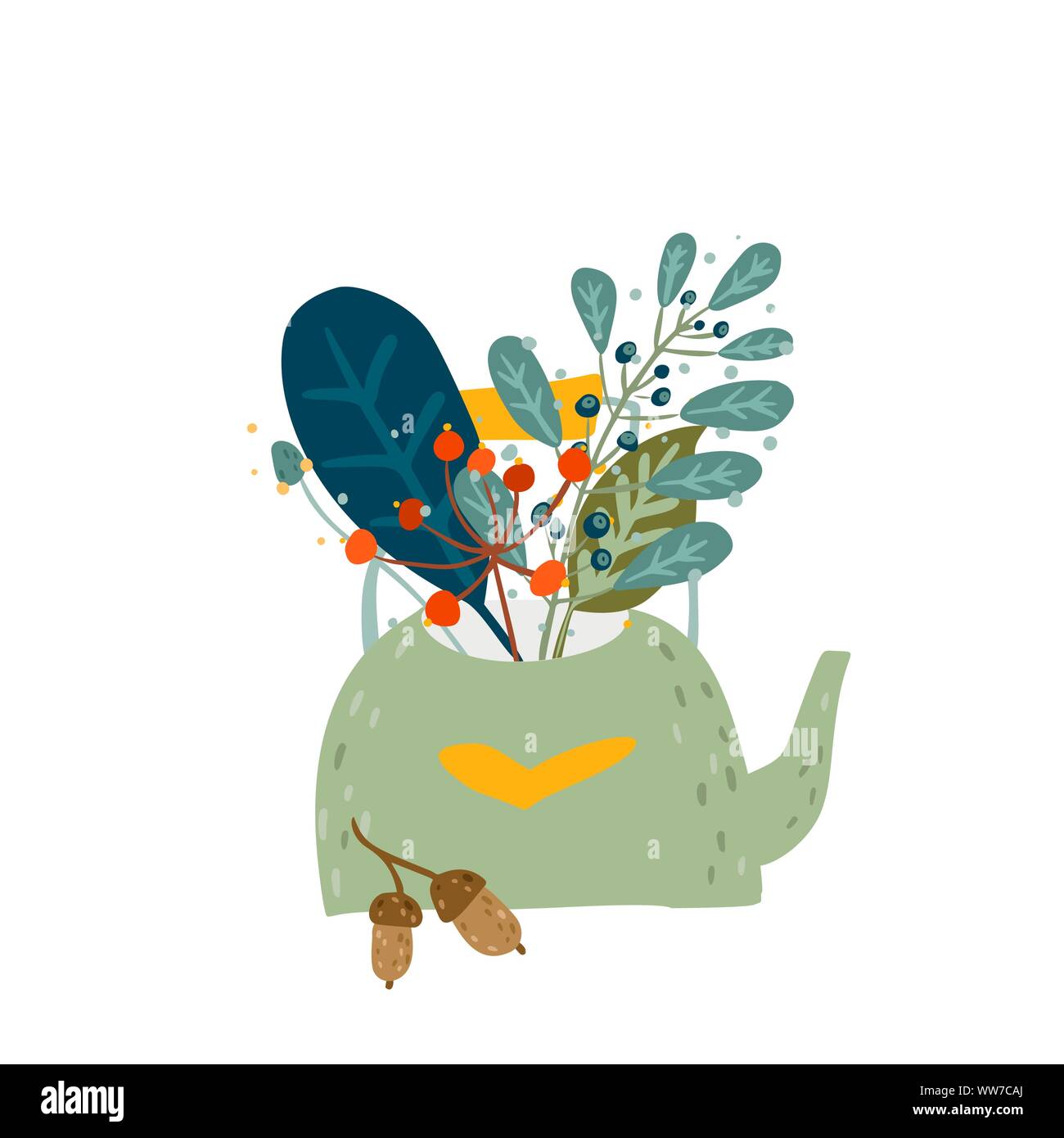 Teapot with autumn bouquet. Vector illustration in flat cartoon style ...