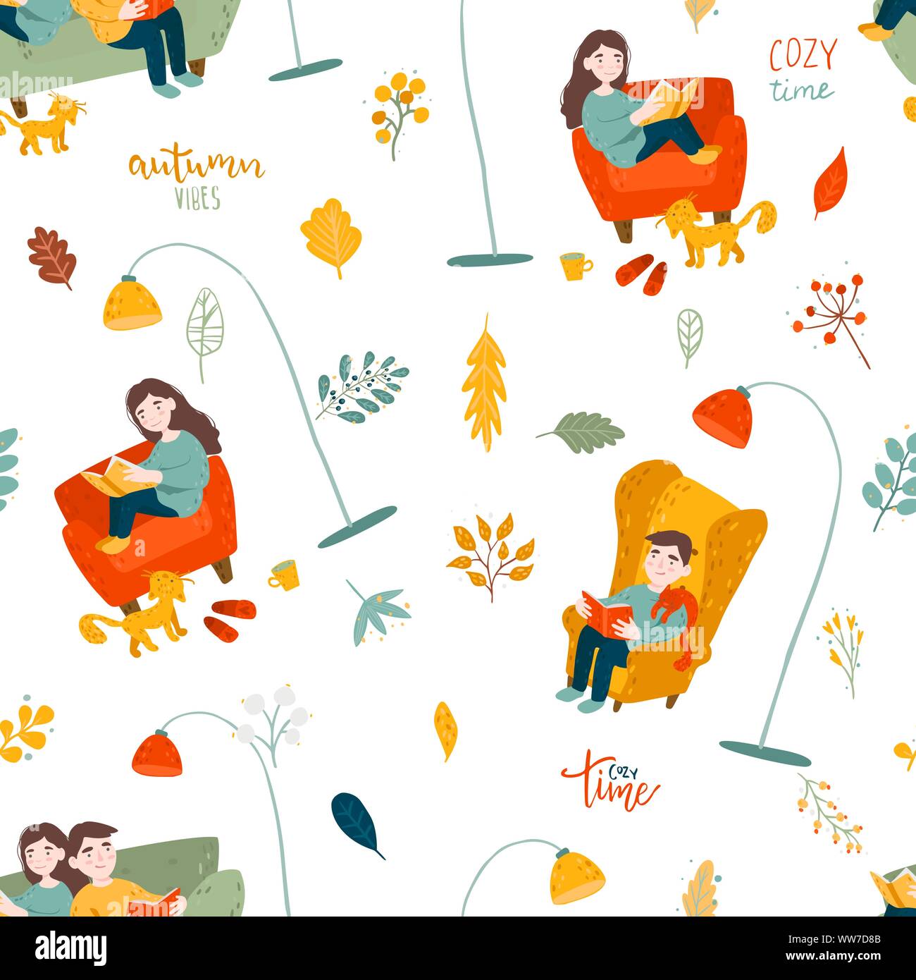 vector seamless pattern. Cozy time cartoon style illustration Stock ...