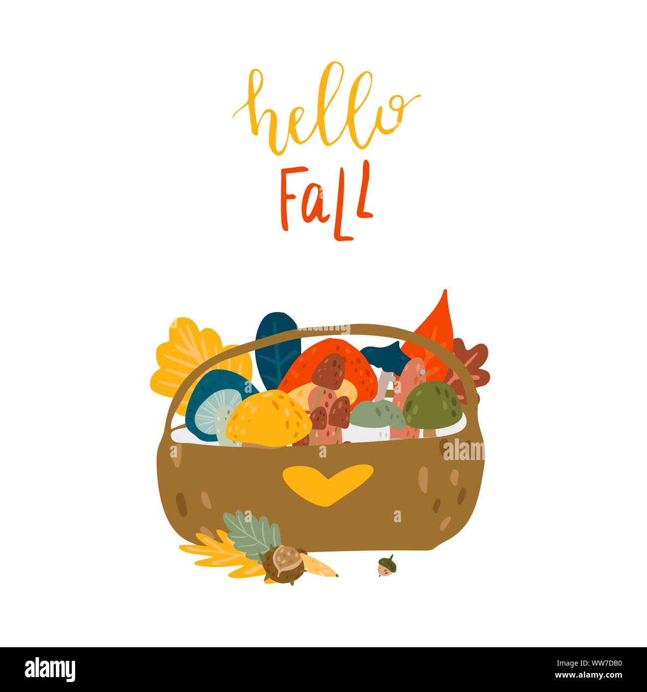 Hello fall autumn card with lettering and basket with mushrooms and ...