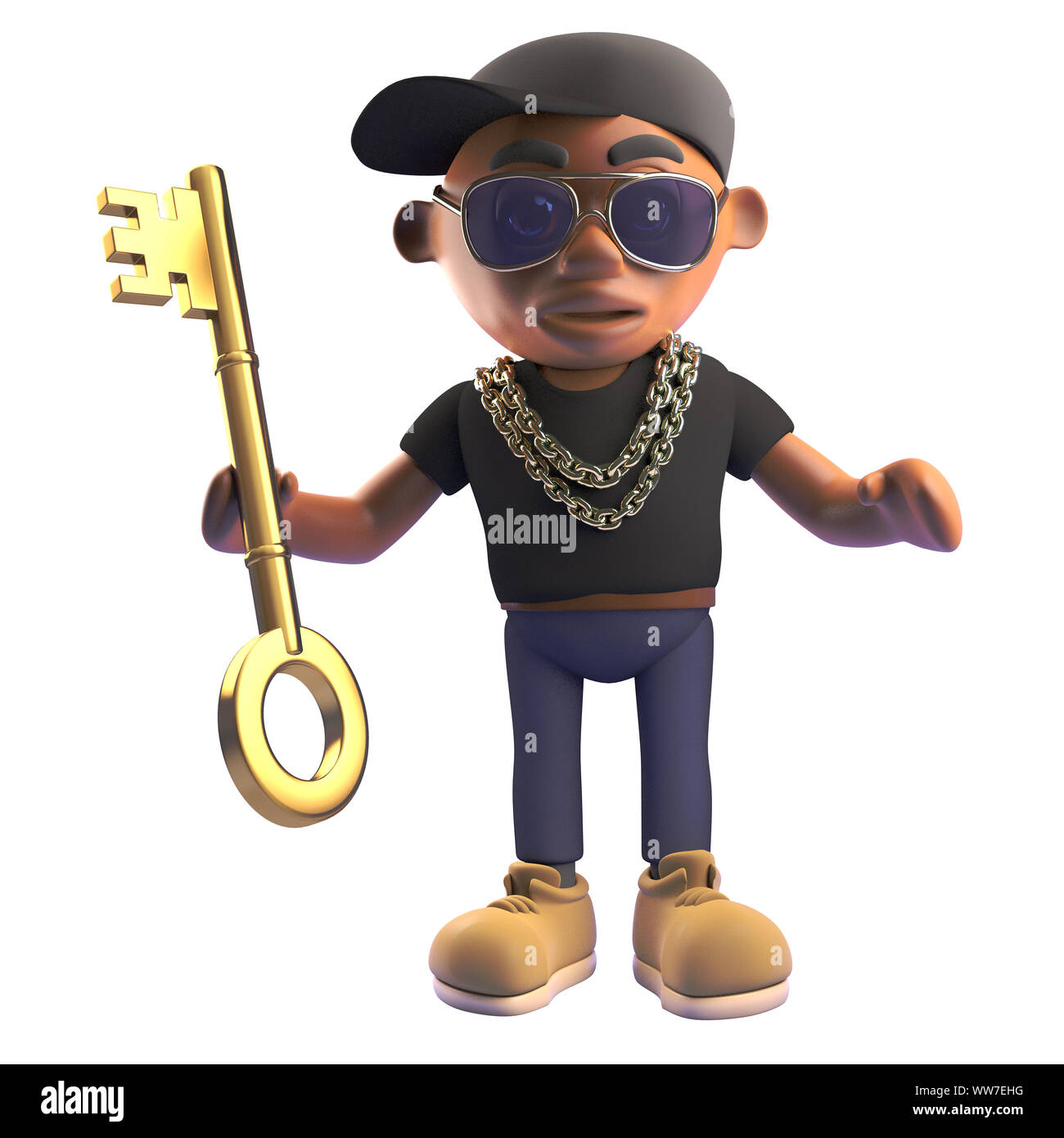 3d black cartoon hiphop rapper character holding a gold key, 3d ...