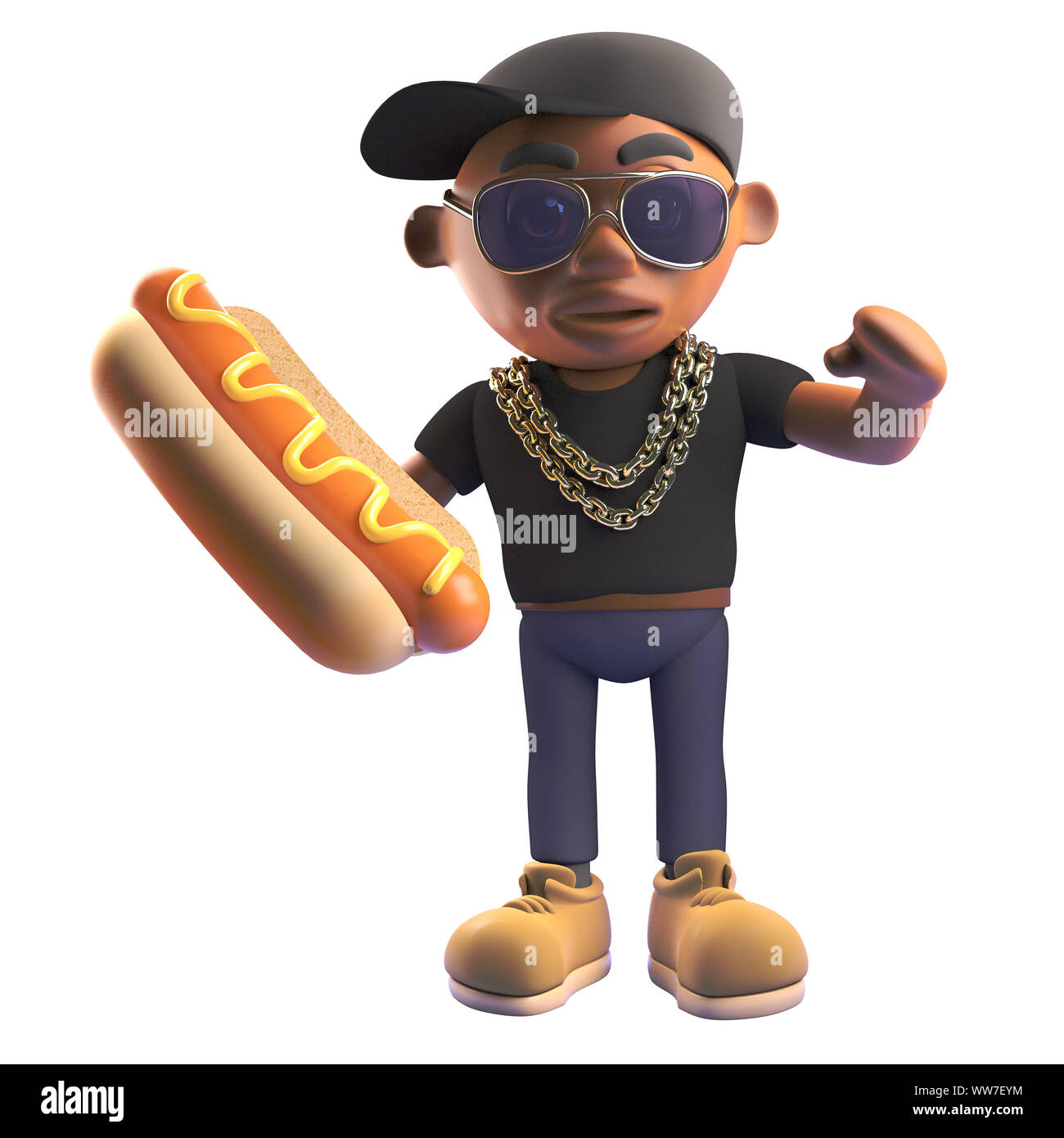 Cartoon 3d black hiphop rapper eating a hotdog, 3d illustration render ...
