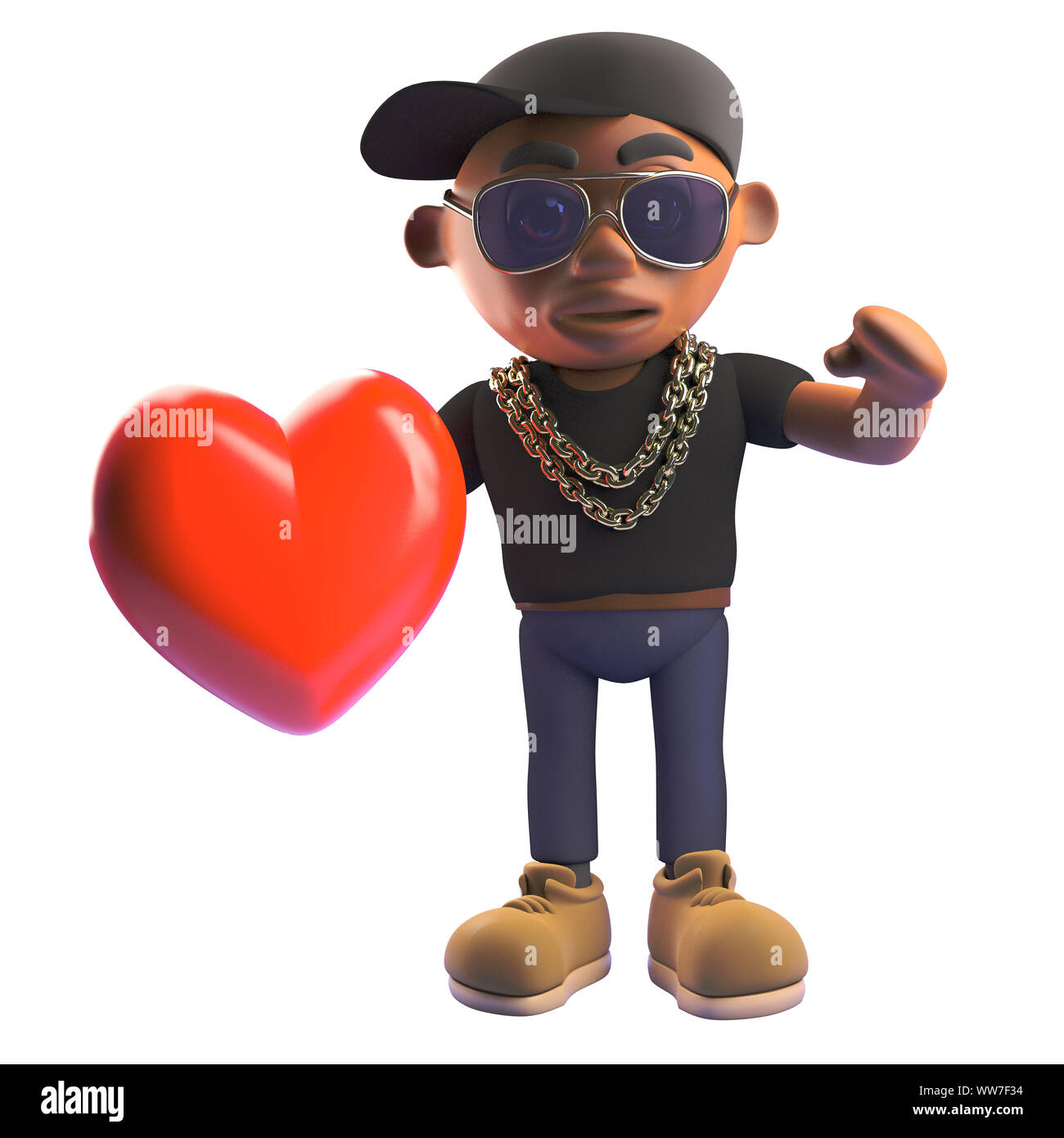 Cartoon 3d black hiphop rapper holding a romantic red heart, 3d ...