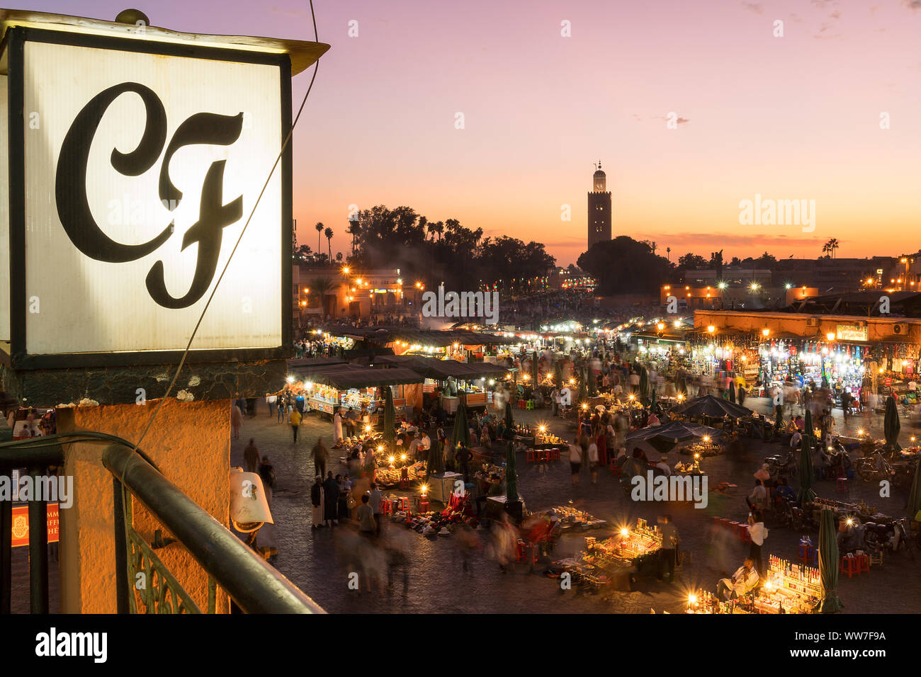 Morocco, Marrakech, Medina, Place Djemaa El Fna, CafÃ© France, Terrace ...