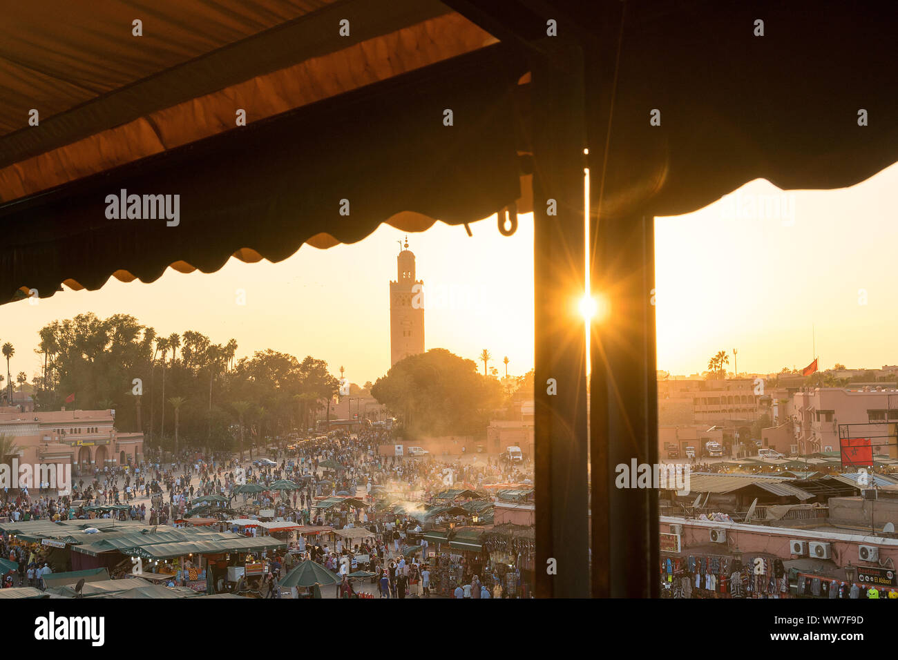 Morocco, Marrakech, Medina, Place Djemaa El Fna, Terrace view in ...