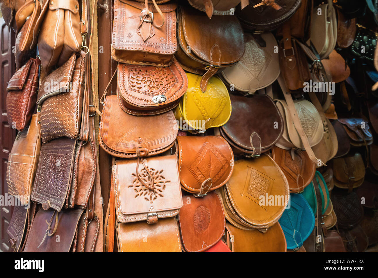 Morocco, Fez, Medina, Souk, stall, leather bags Stock Photo - Alamy