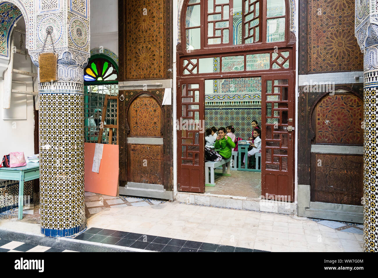 Morocco, Fes, school of pedagogical renaissance, courtyard, view into ...