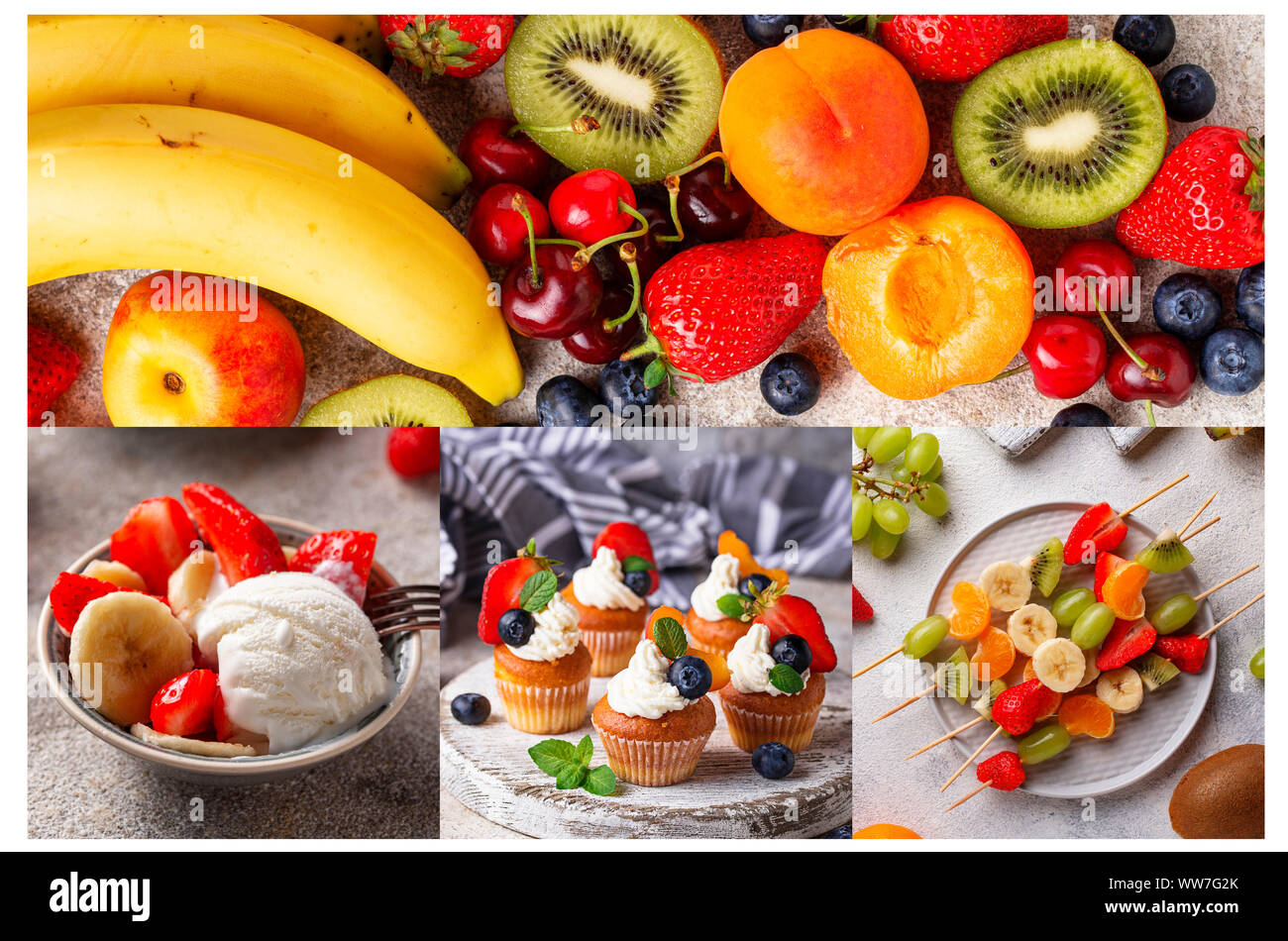 Food collage. Fruits, berry and sweets Stock Photo - Alamy