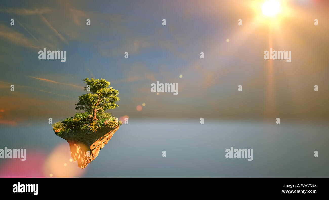 Fantasy floating island with natural tree on the rock, surreal float ...