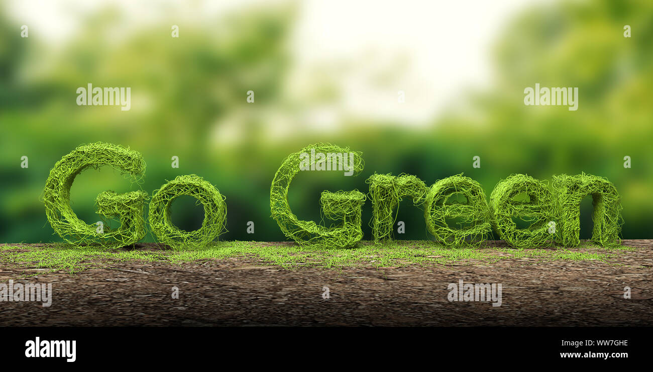 Go Green 3D word made with green grass isolated on blur green jungle ...