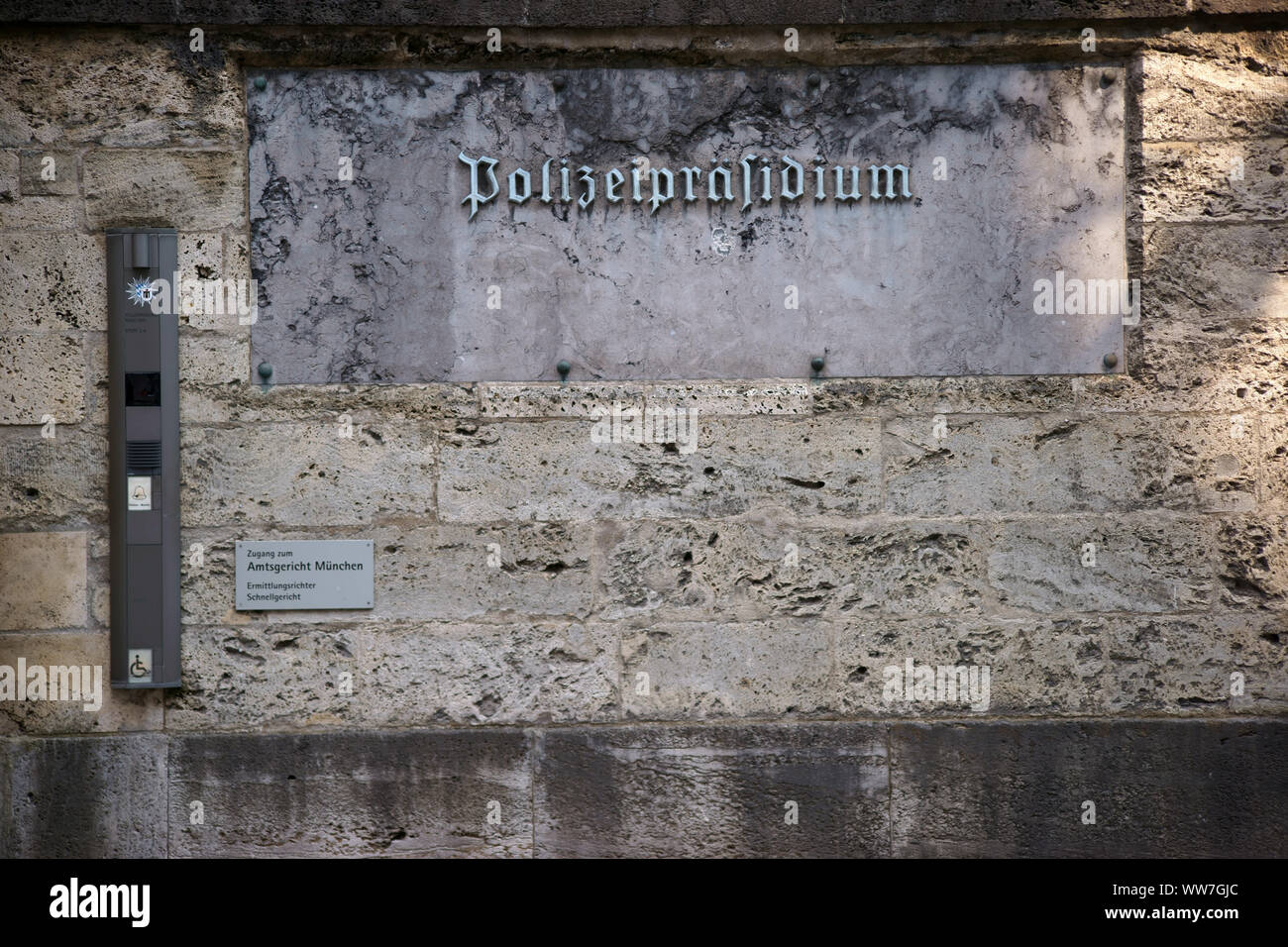 The entrance sign with hands-free device of the police headquarters in ...