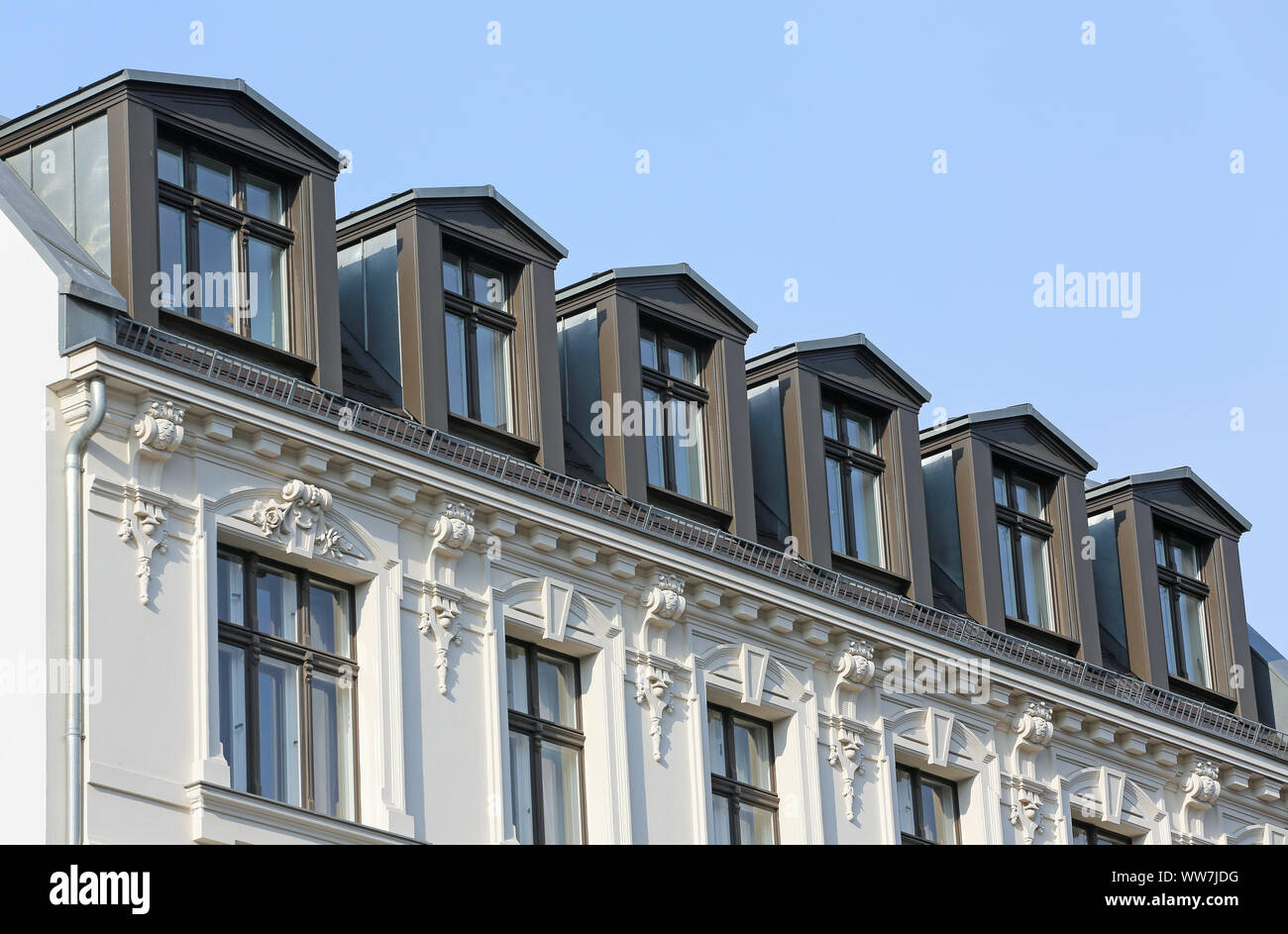 six gable dormers on historic apartment building Stock Photo - Alamy