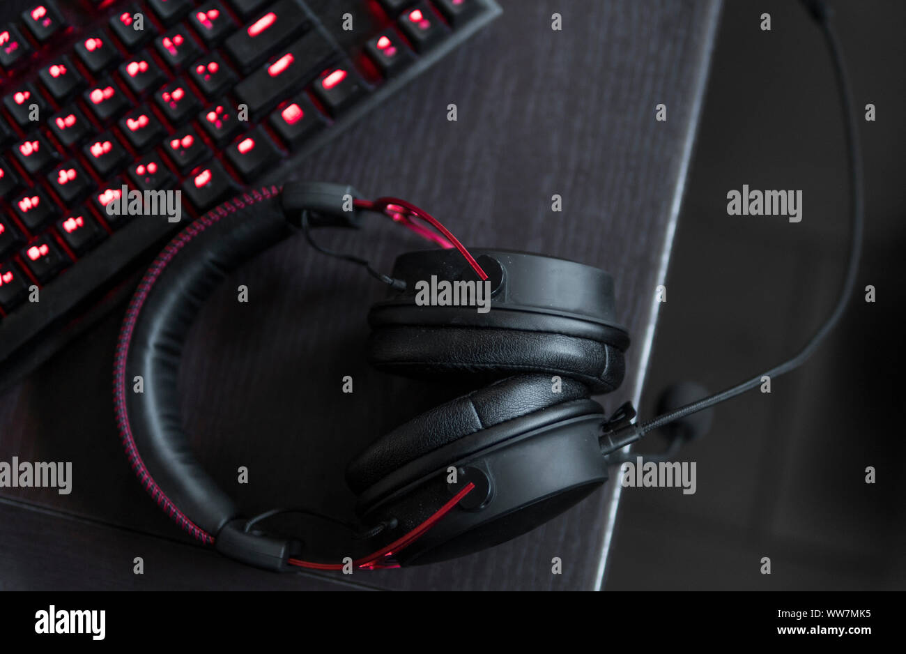 Gamer keyboard with colorful blue lights, modern gamer computer. Blue ...
