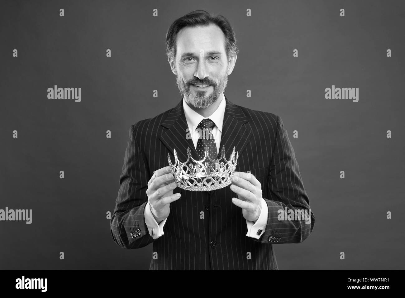 Monarchy attribute. Monarchy family traditions. Man bearded guy in suit ...