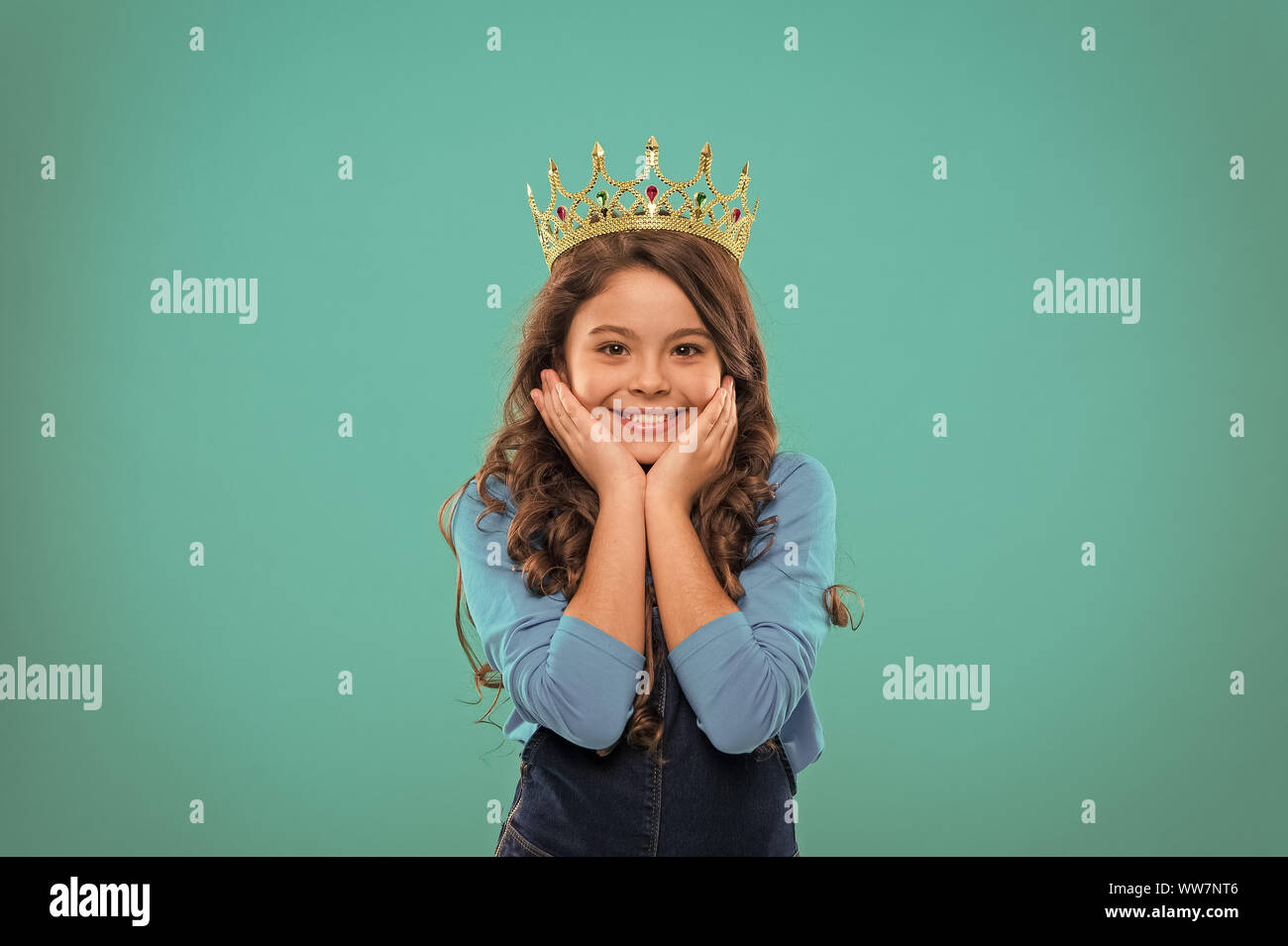 Beauty contest model. Kid wear golden crown symbol of princess ...