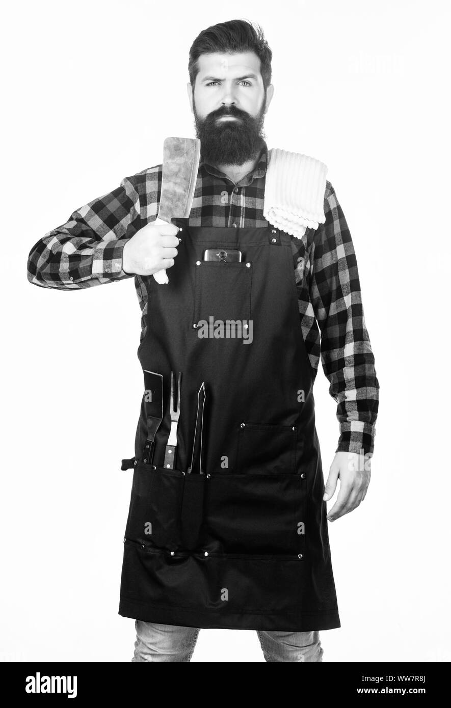 Bone cleaver axe. Butcher holding sharp chef knife or cutter. Bearded ...