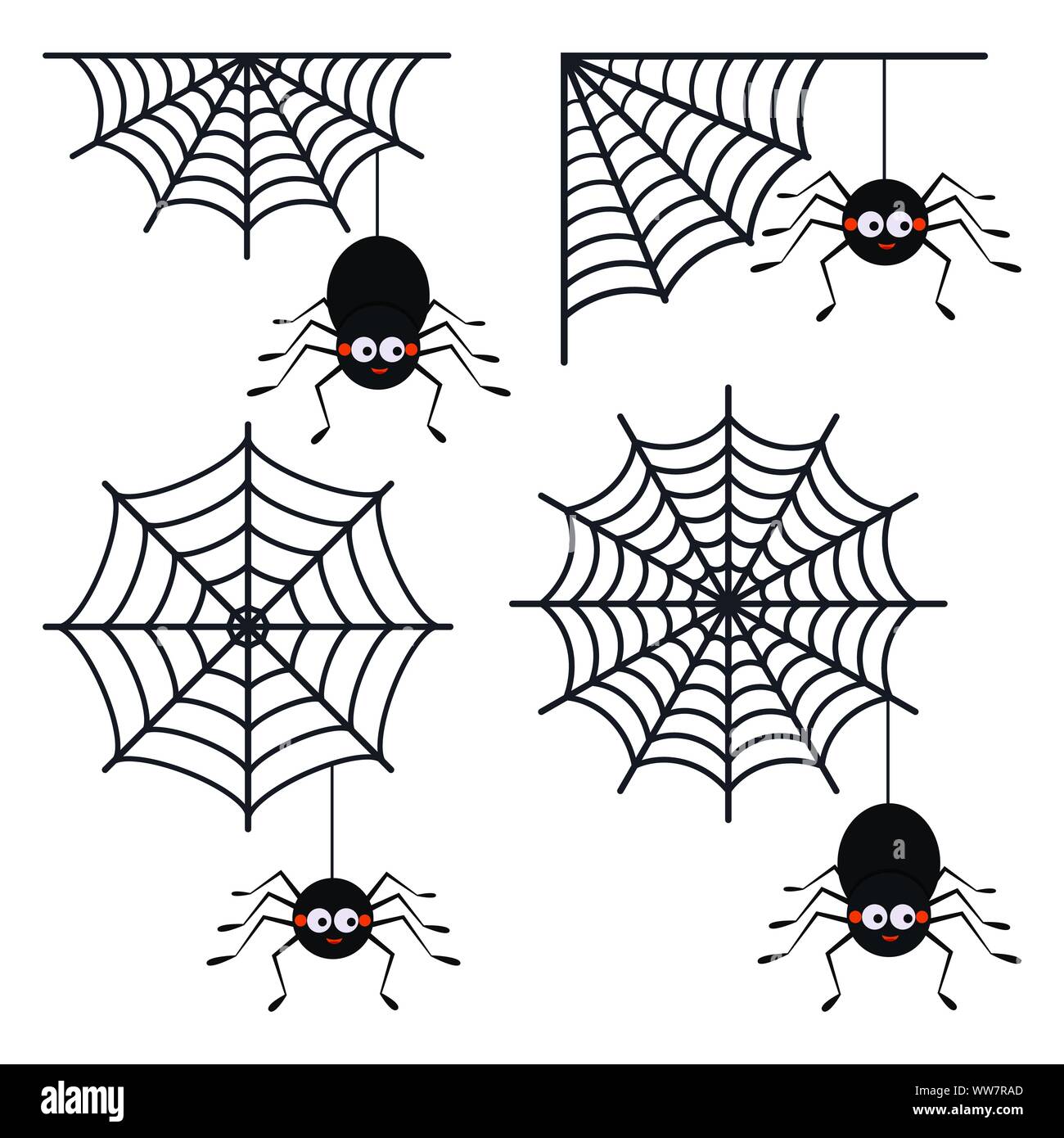 Vector set of different cute smiling black spiders hanging on a string ...